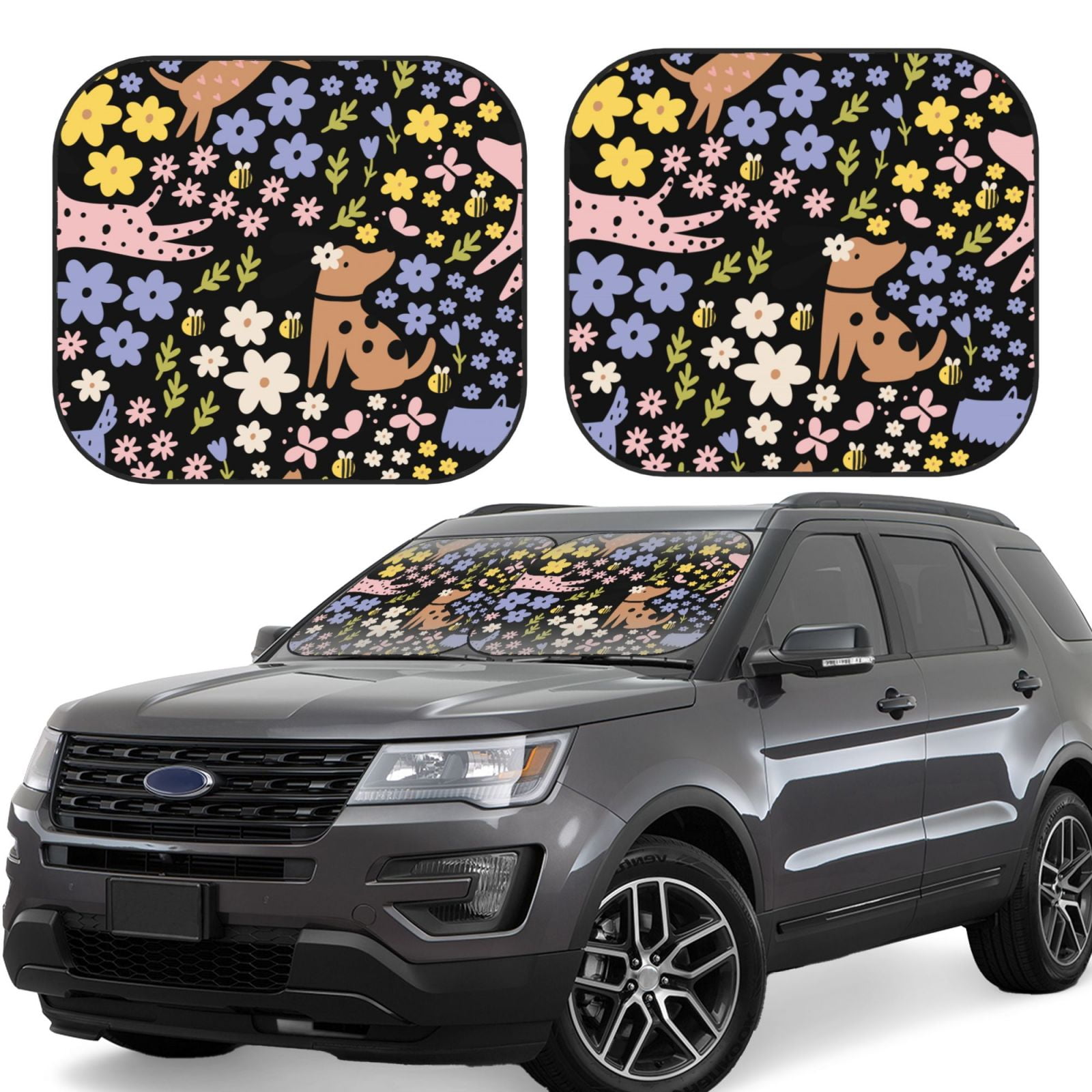 Windshield Sun Shade, Cartoon Dogs And Flowers 2-Piece Foldablecar ...
