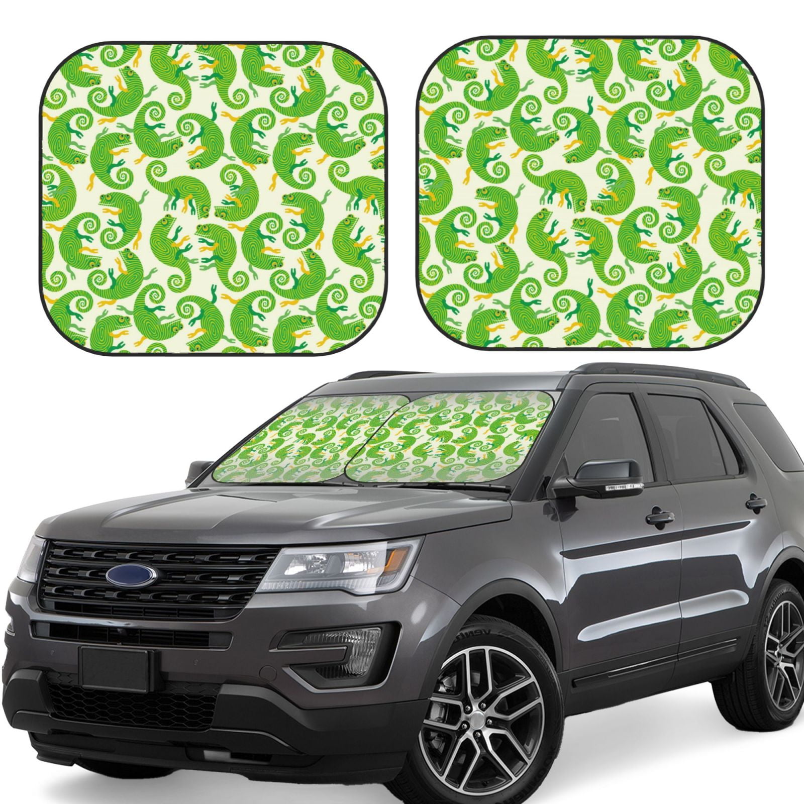Windshield Sun Shade, Cartoon Funny Cute Chameleon 2-Piece Foldablecar ...