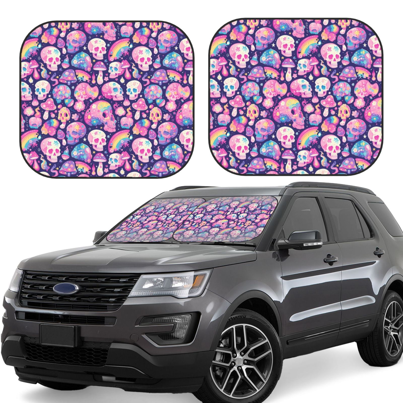 Windshield Sun Shade, Cartoon Rainbow Skull Foldable Car Sun Shade ...