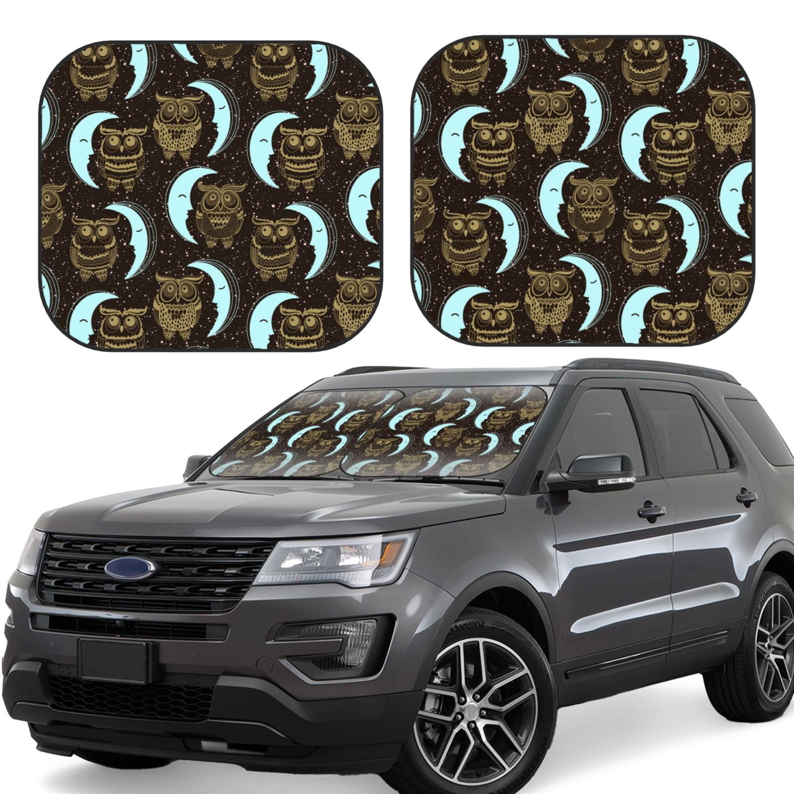 Windshield Sun Shade, Cartoon owls moon night starry sky 2-Piece ...