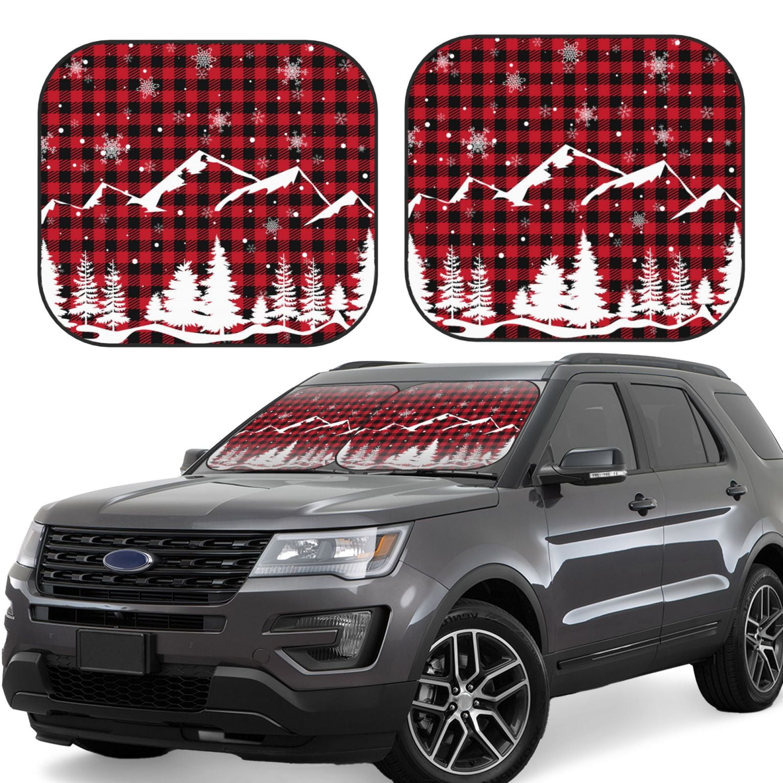Windshield Sun Shade Christmas Tree Buffalo Plaid 2 Pieces Car Front ...