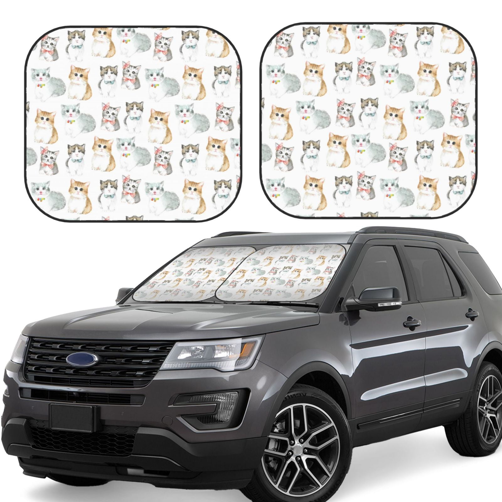 Windshield Sun Shade, Classic Painted Cute Cartoon Cat 2-Piece ...