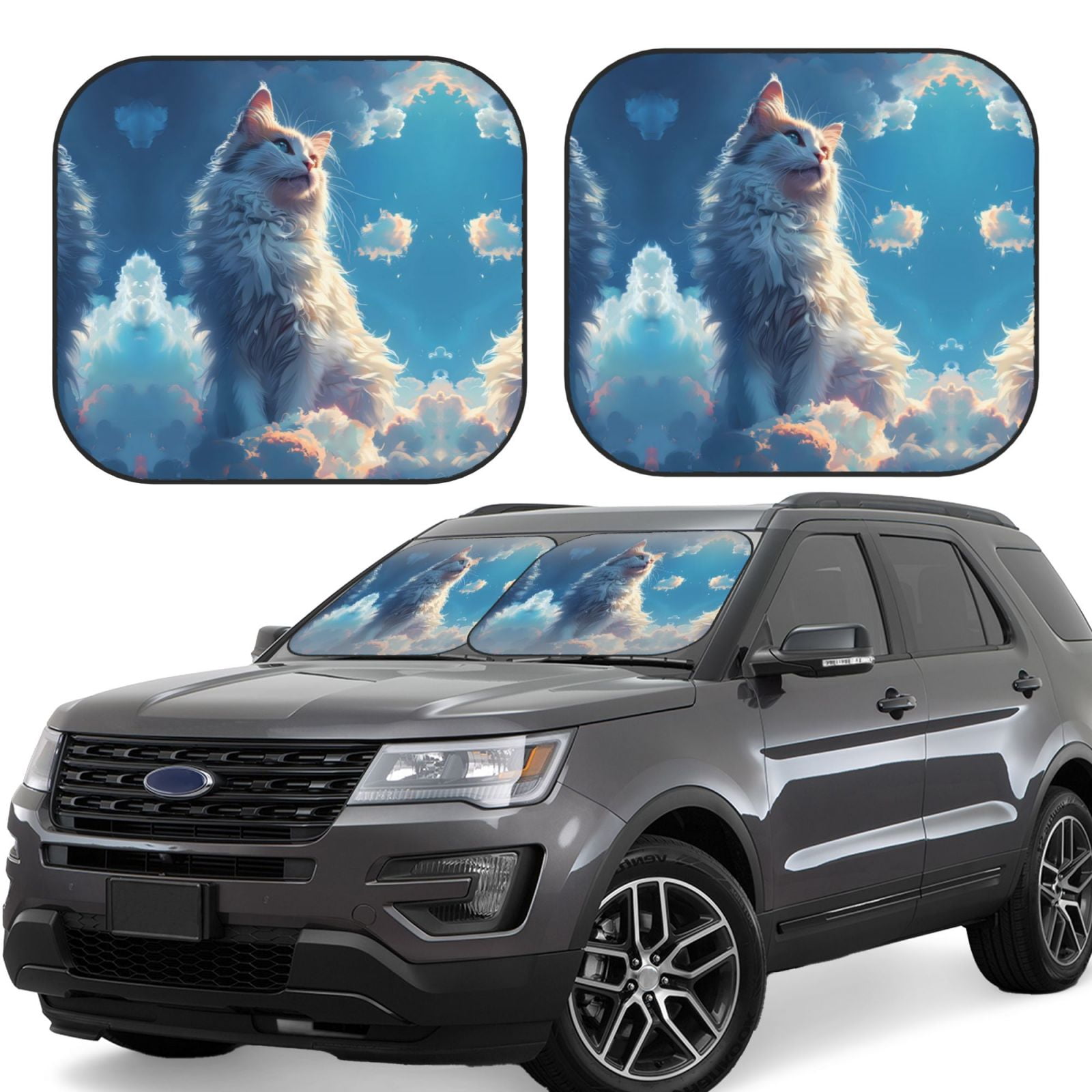 Windshield Sun Shade, Clear Sky Blue Cat 2-Piece Foldablecar Sunshade ...