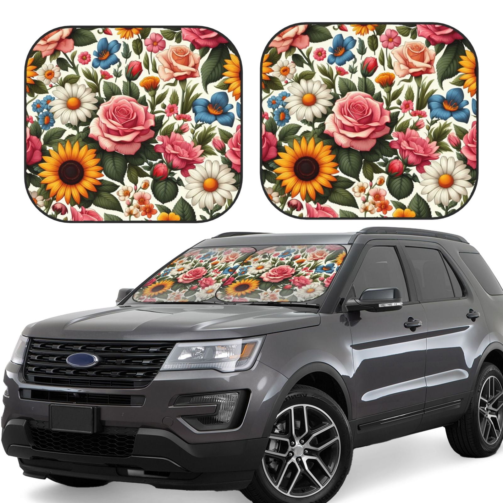 Windshield Sun Shade, Colorful Floral Sunflower Daisy A 2-Piece ...