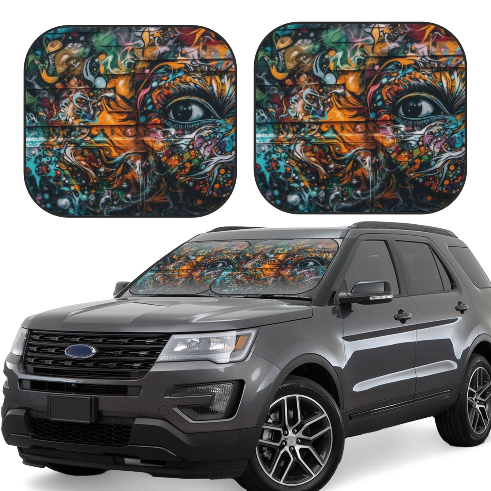 Windshield Sun Shade Colorful Graffiti Abstract Eye 2 Pieces Car Front ...