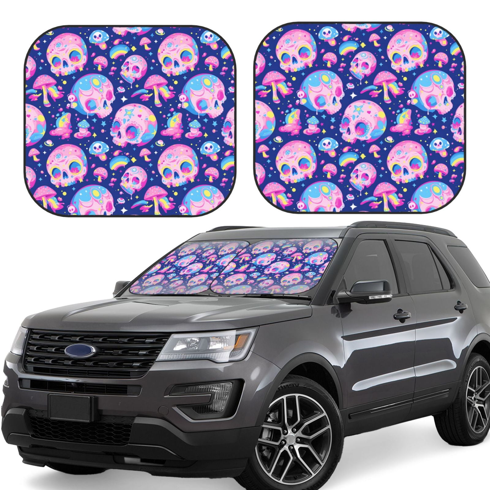 Windshield Sun Shade, Colorful Skull Mushroom Rainbow Foldable Car Sun ...