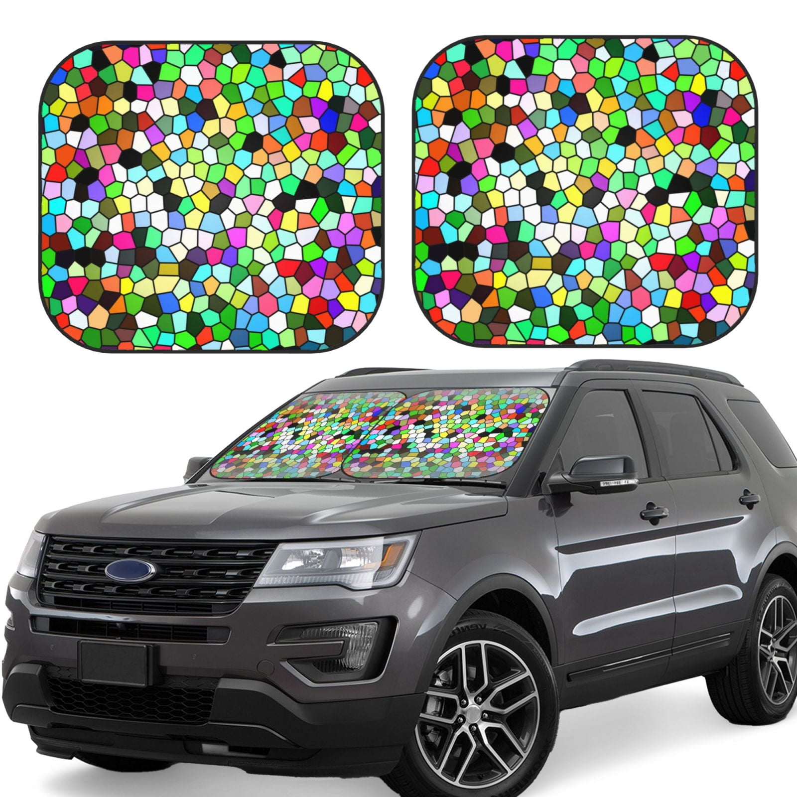 Windshield Sun Shade Colorful Tie Dye Stained Glass 2 Pieces Car Front ...