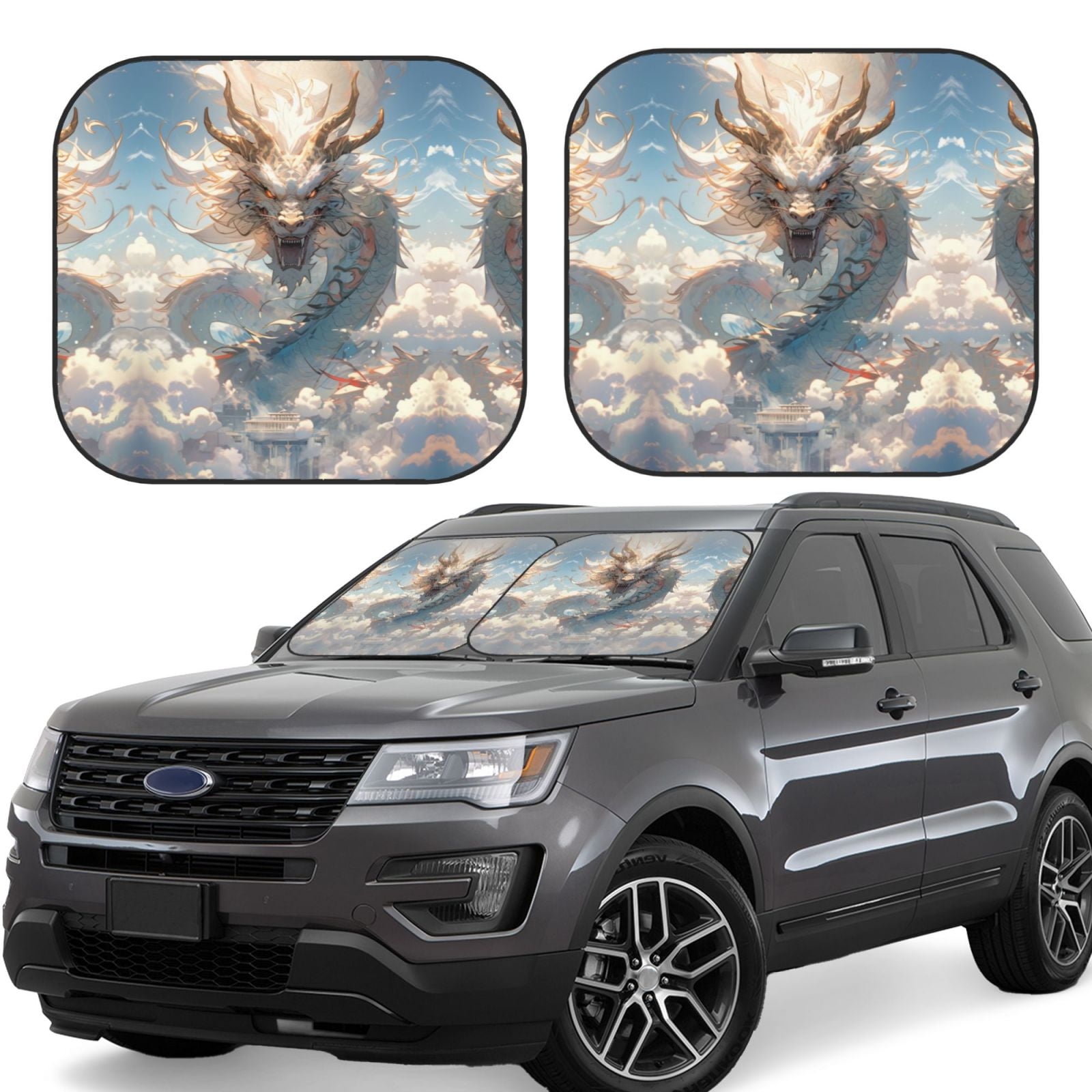 Windshield Sun Shade Cool Cloud White Dragon 2 Pieces Car Front Sun ...