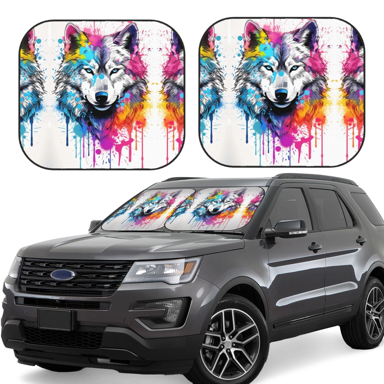 Windshield Sun Shade Cool Colorful Wolf 2 Pieces Car Front Sun Shade ...