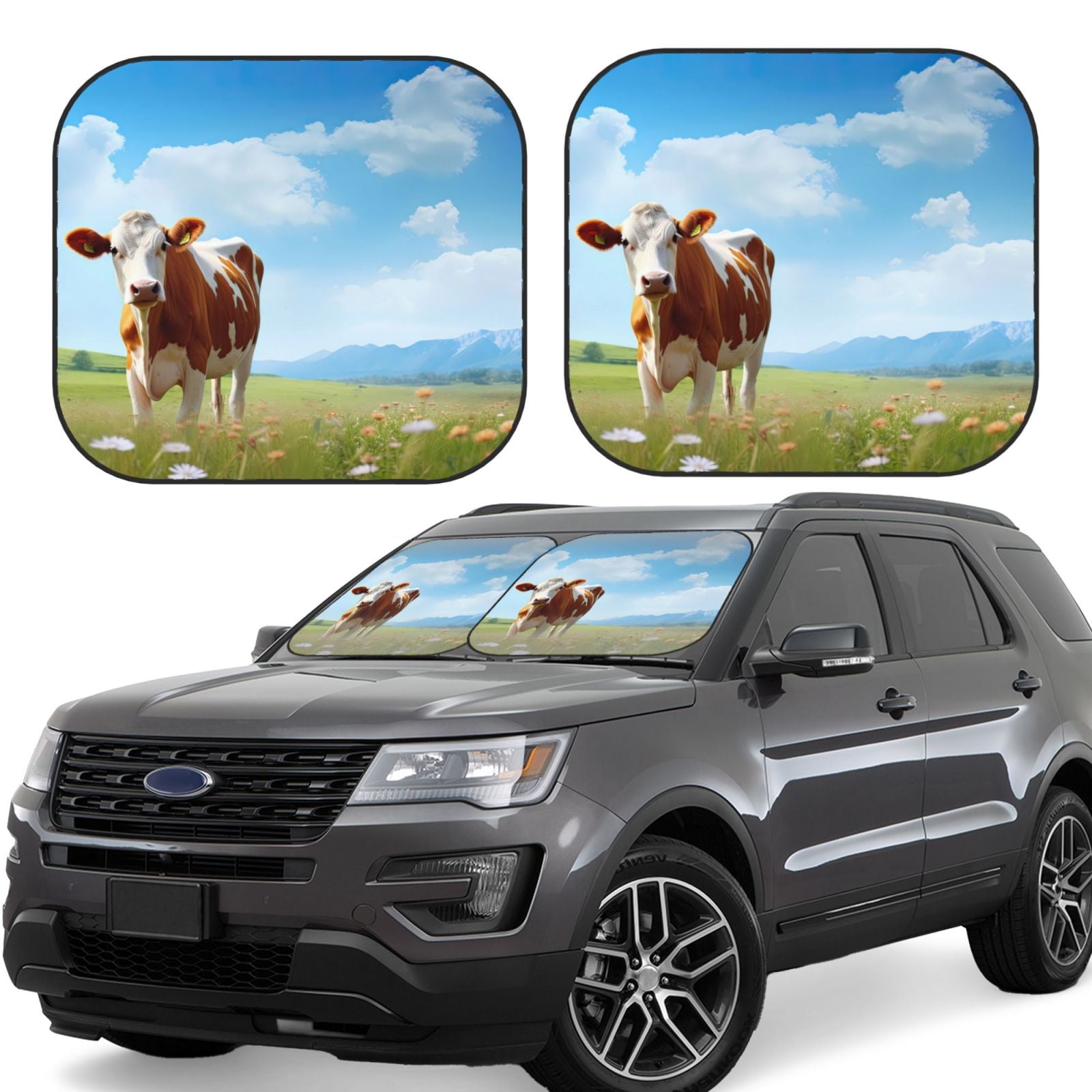 Windshield Sun Shade Cow Grazing Nature 2 Pieces Car Front Sun Shade ...