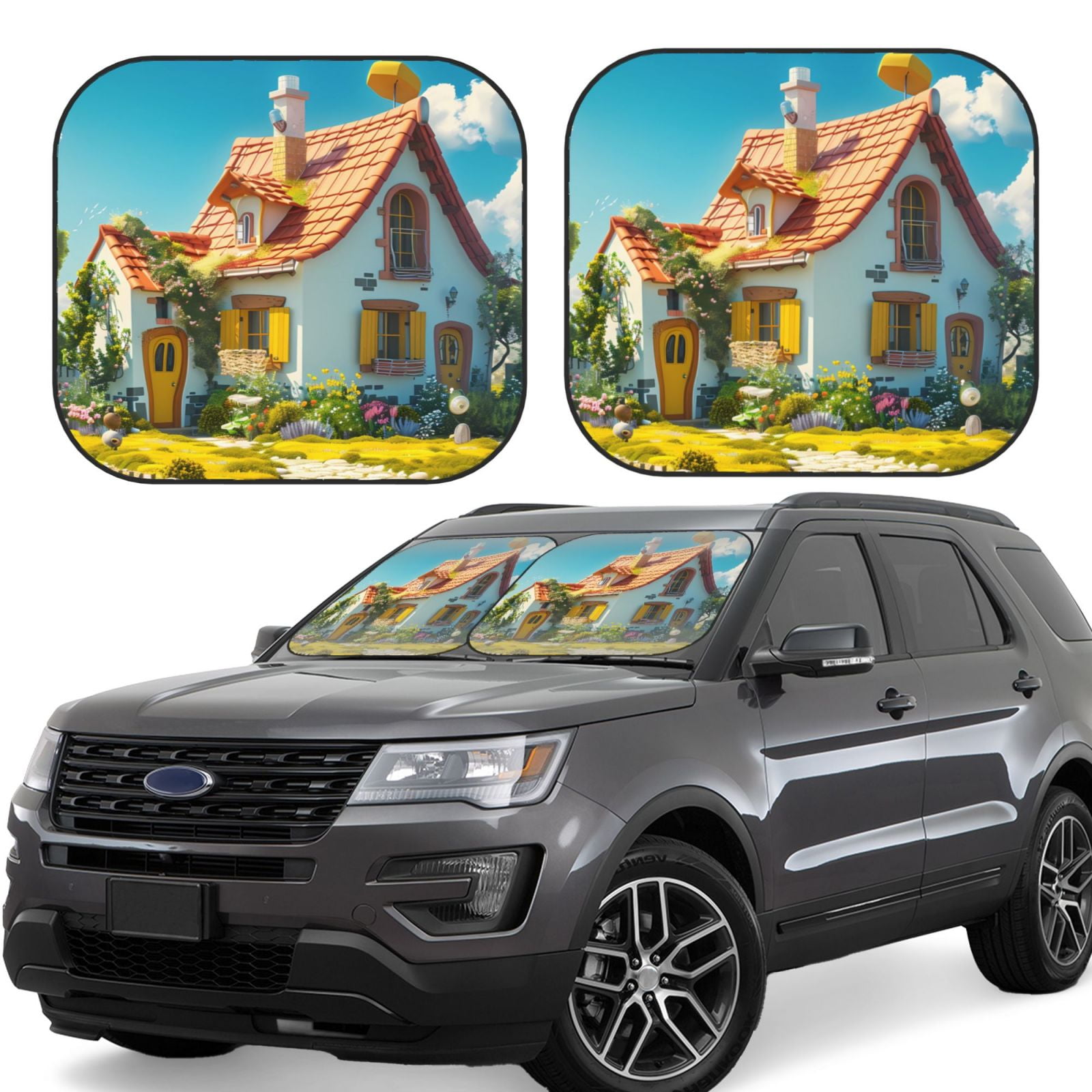 Windshield Sun Shade, Cozy Cartoon Backyard 2-Piece Foldablecar ...
