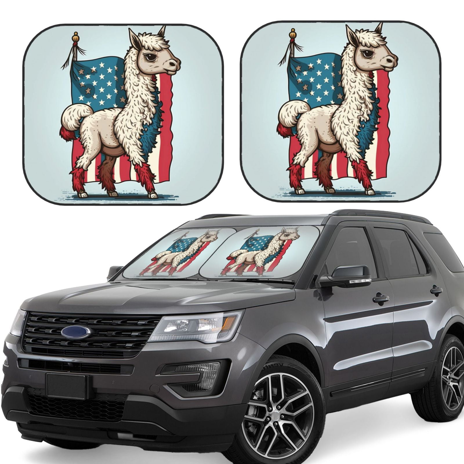Windshield Sun Shade Cute Alpaca USA Flag 2 Pieces Car Front Sun Shade ...
