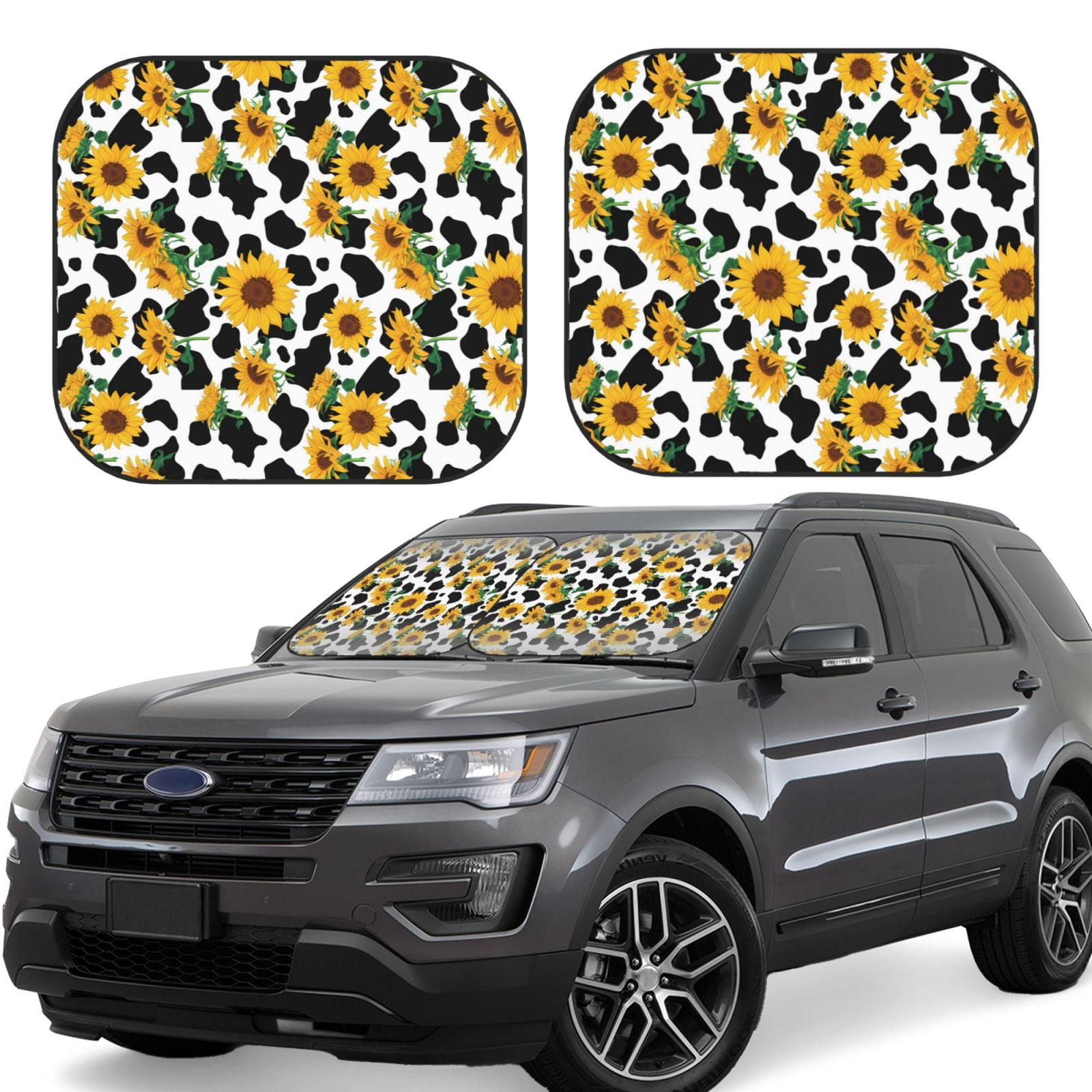 Windshield Sun Shade, Cute Cow Print Sunflower A 2-Piece Foldablecar ...