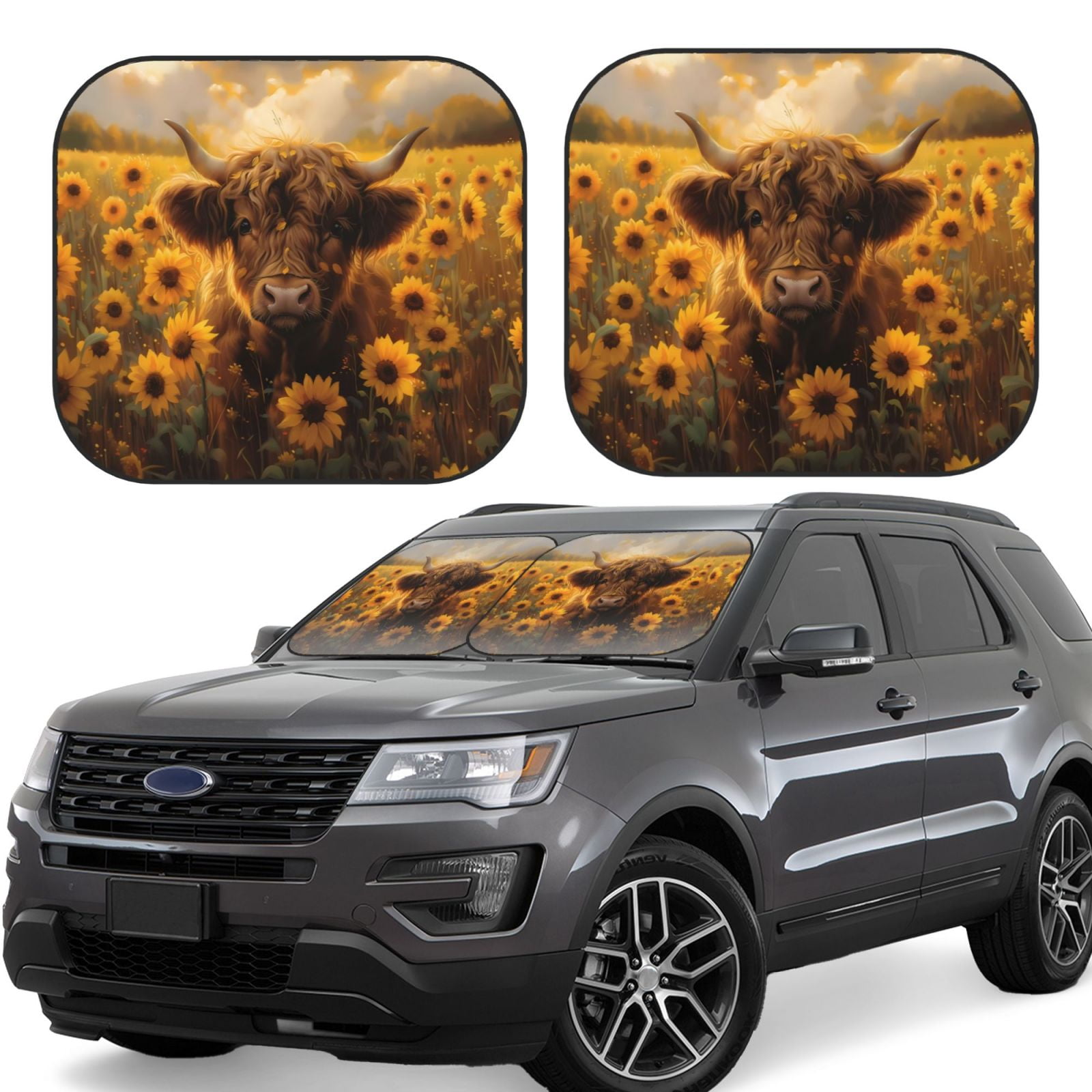Windshield Sun Shade Cute Cow Sunflower Field 2 Pieces Car Front Sun ...