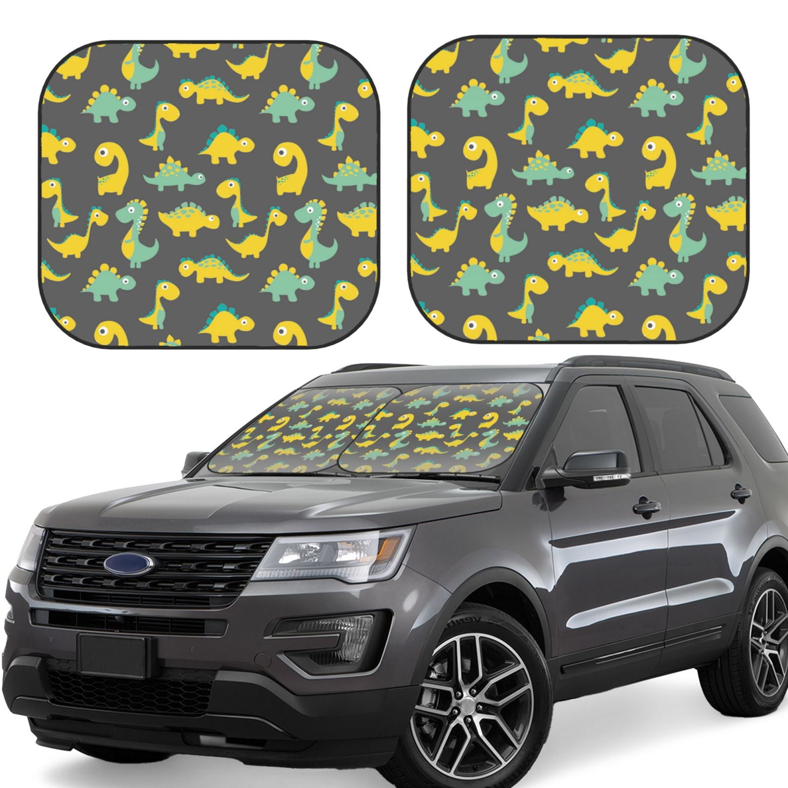 Windshield Sun Shade, Cute Dinosaur Yellow 2-Piece Foldablecar Sunshade ...