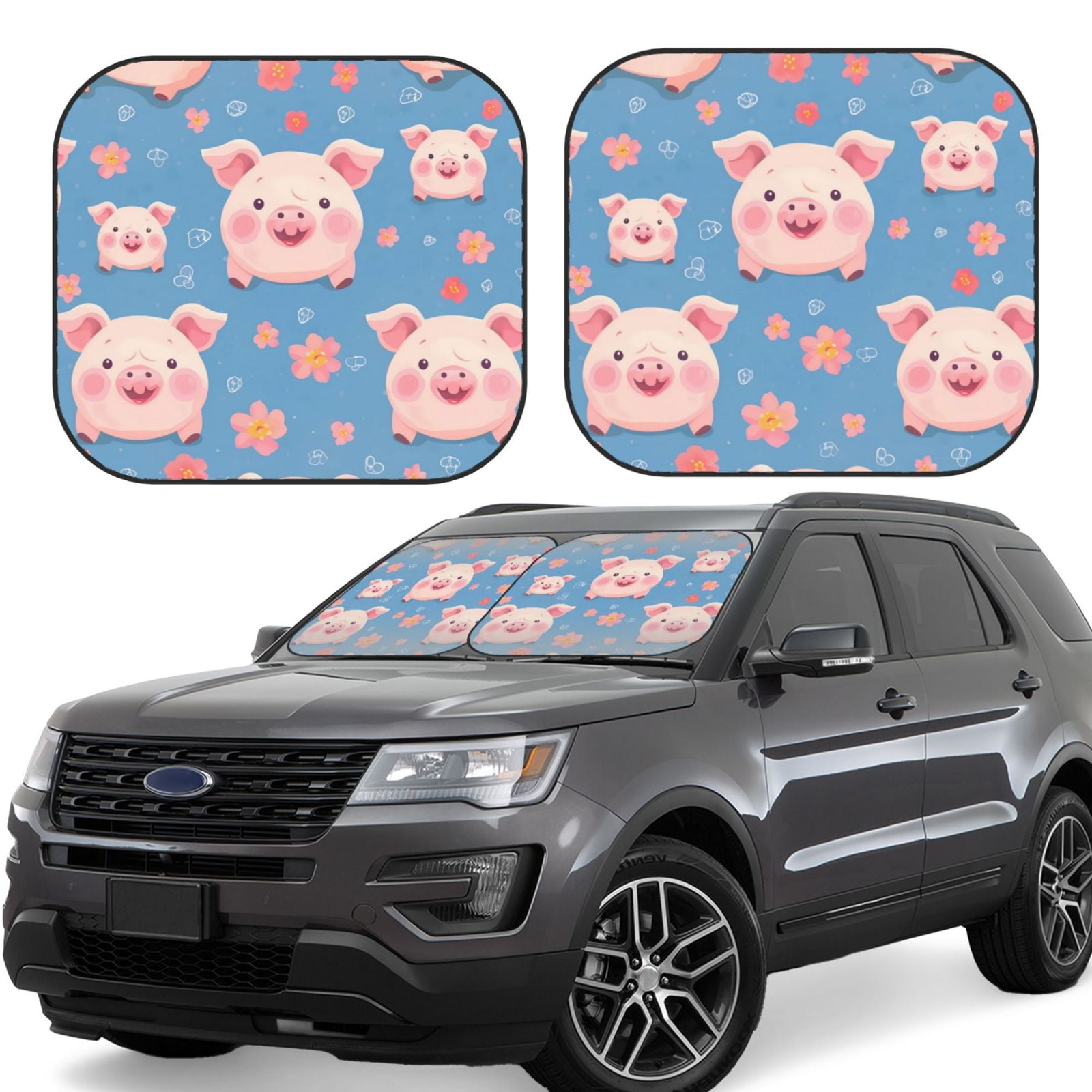 Windshield Sun Shade Cute Pig Flowers 2 Pieces Car Front Sun Shade ...