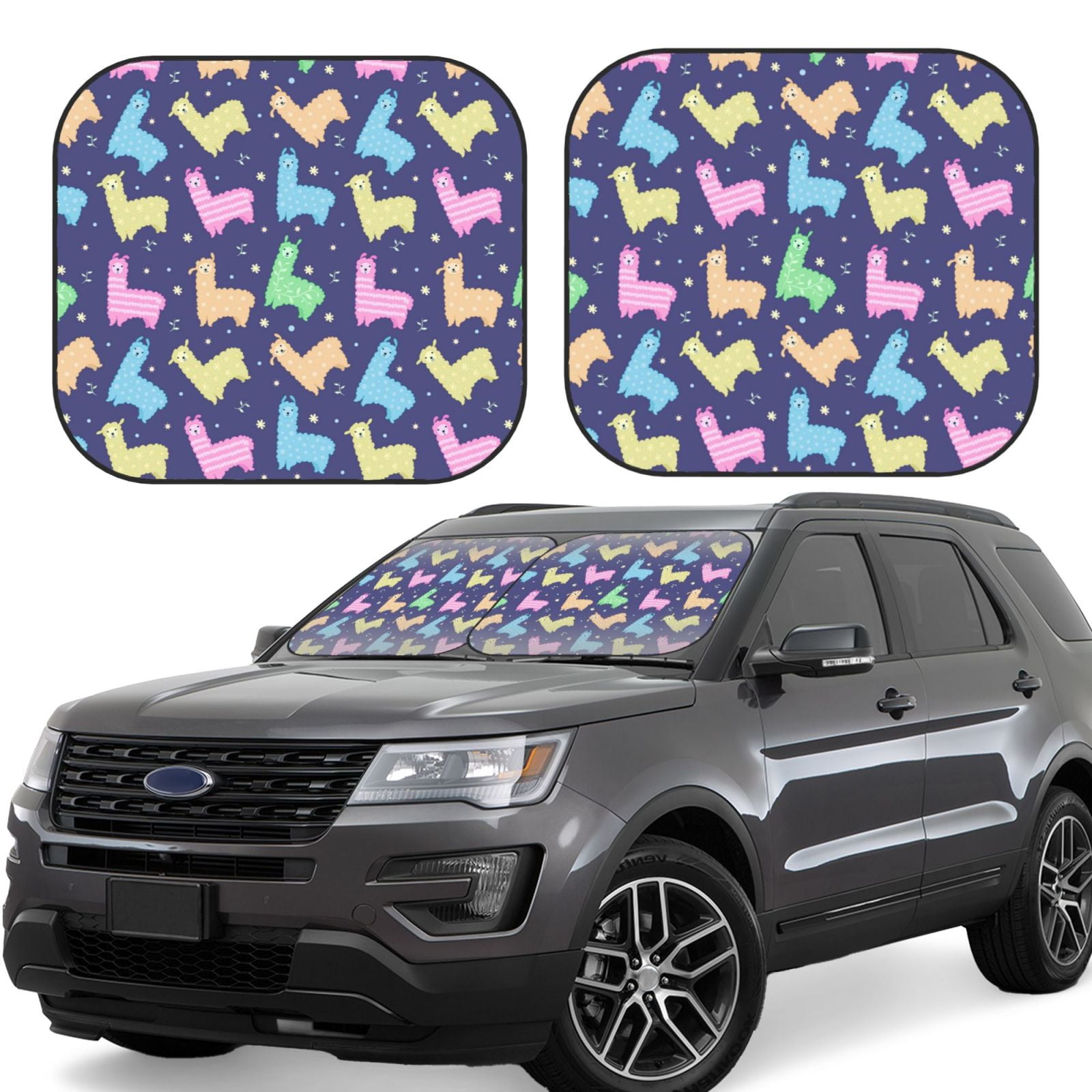 Windshield Sun Shade, Cute pink yellow lamas navyblue 2-Piece ...
