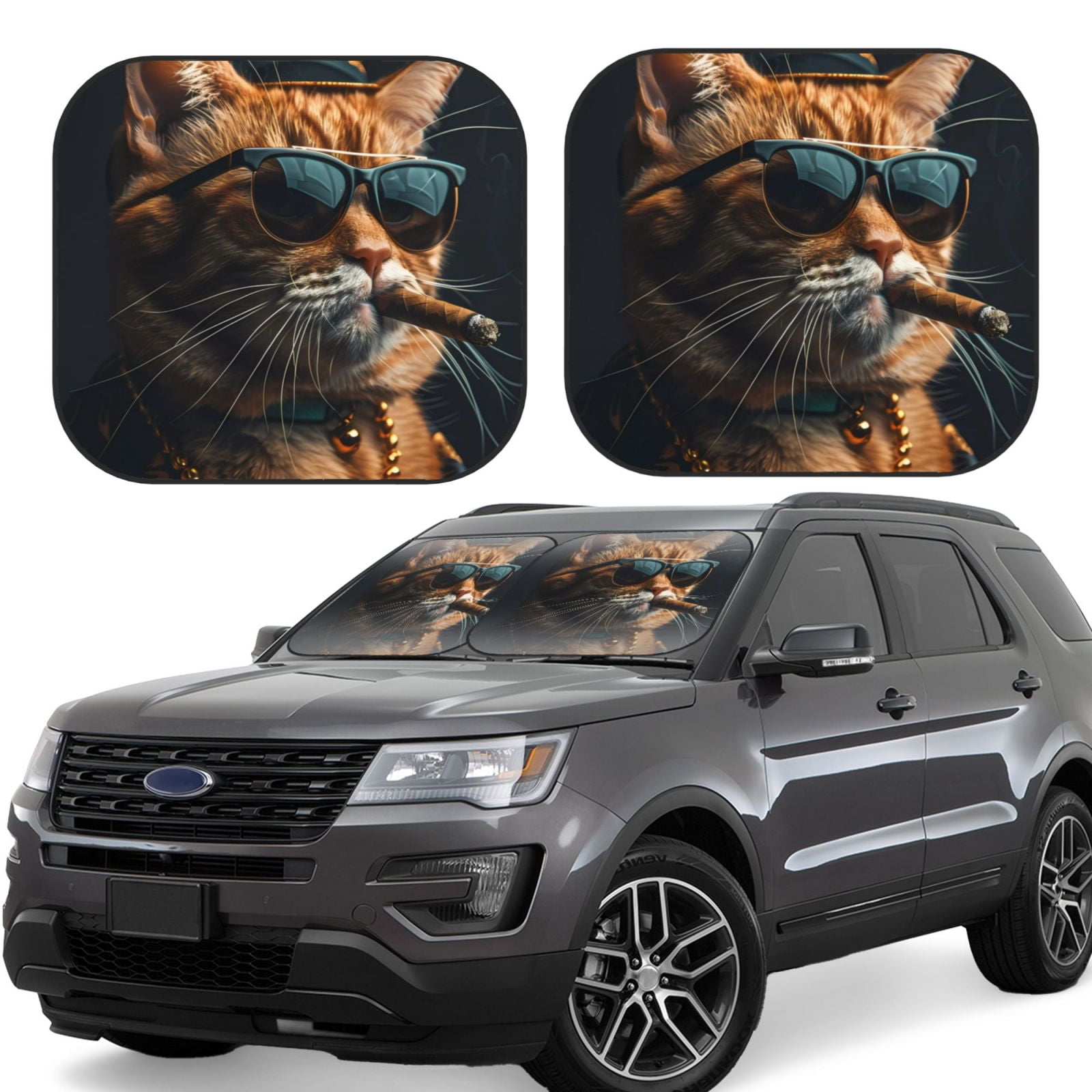 Windshield Sun Shade Dapper Cat in Sunglasses 2 Pieces Car Front Sun ...