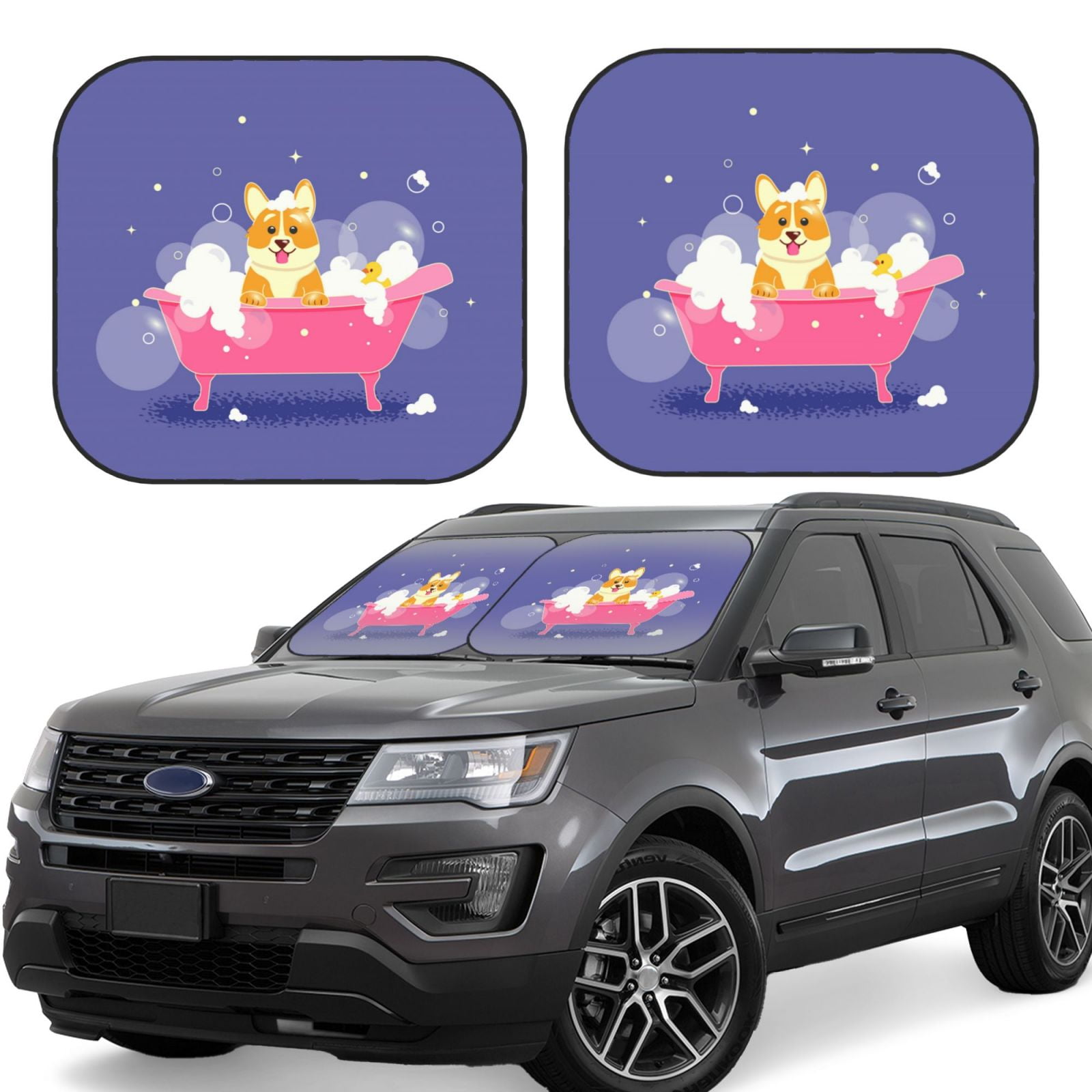 Windshield Sun Shade, Dog Washes in a Pink Bath Foldable Car Sun Shade ...