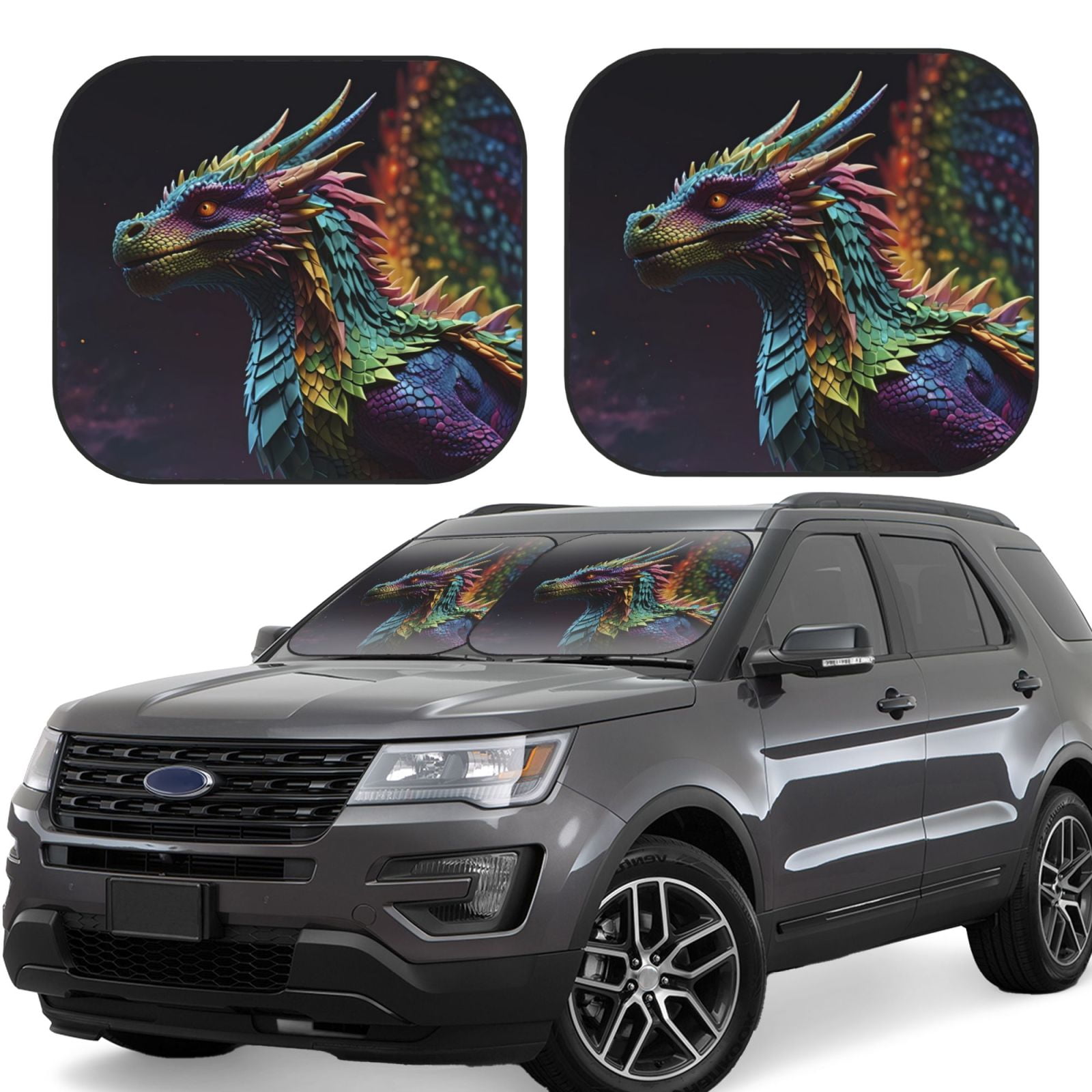 Windshield Sun Shade, Dragon with Colorful Tail Foldable Car Sun Shade ...