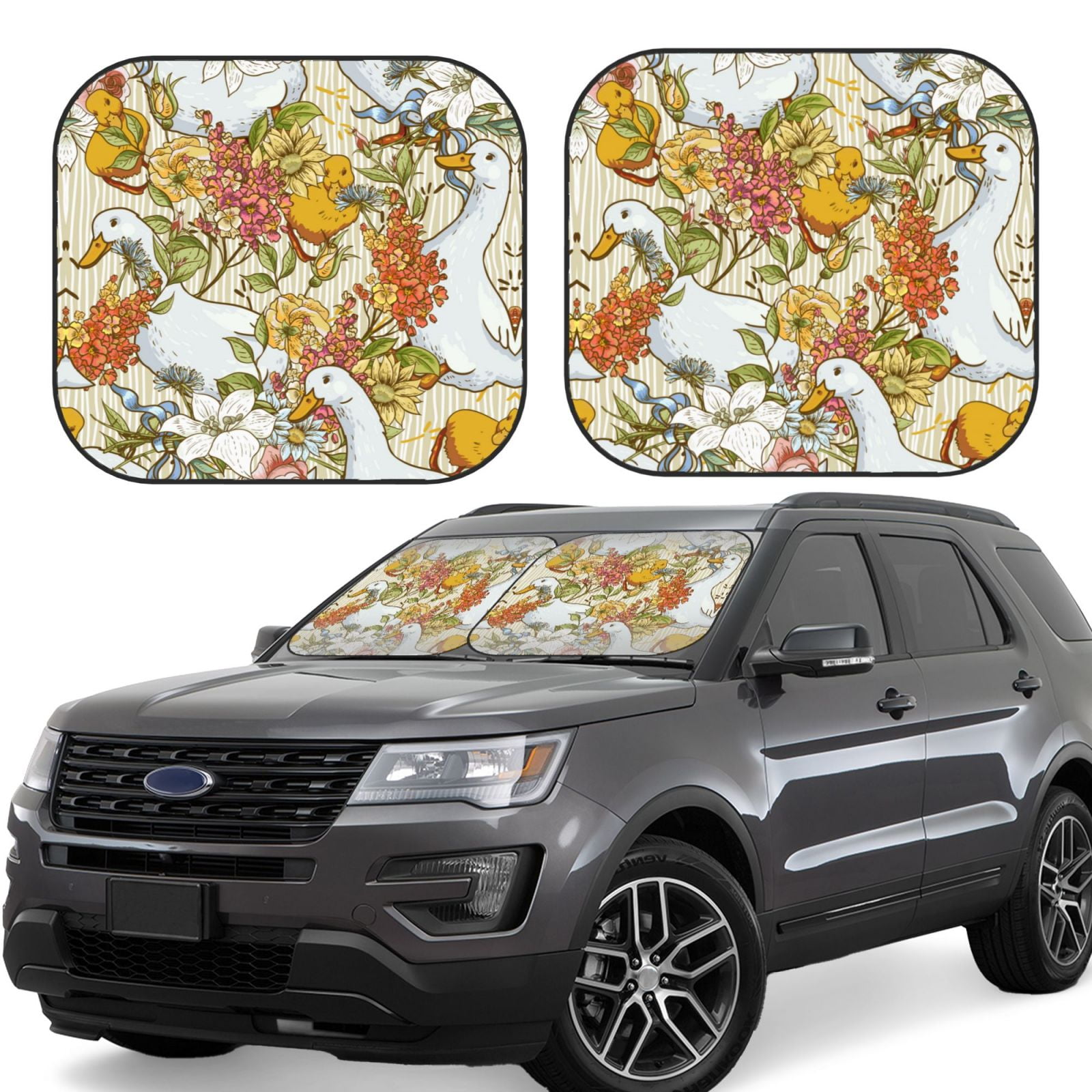 Windshield Sun Shade Ducks and Flowers 2 Pieces Car Front Sun Shade ...