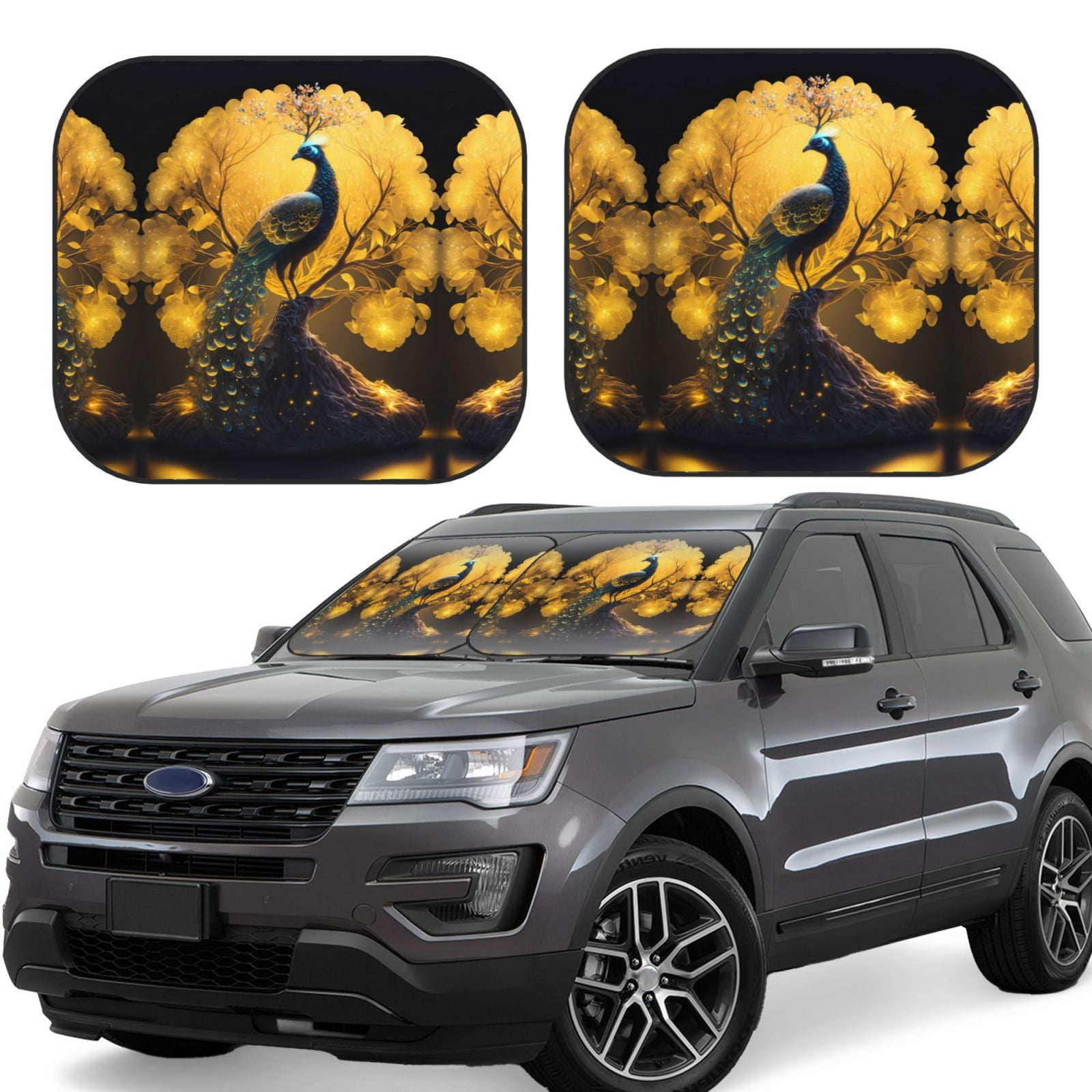 Windshield Sun Shade Elegant Gold Leaf Peacock 2 Pieces Car Front Sun ...