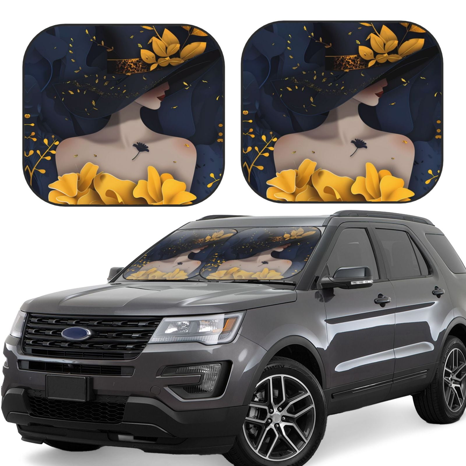 Windshield Sun Shade Elegant Lady With Hat 2 Pieces Car Front Sun Shade ...