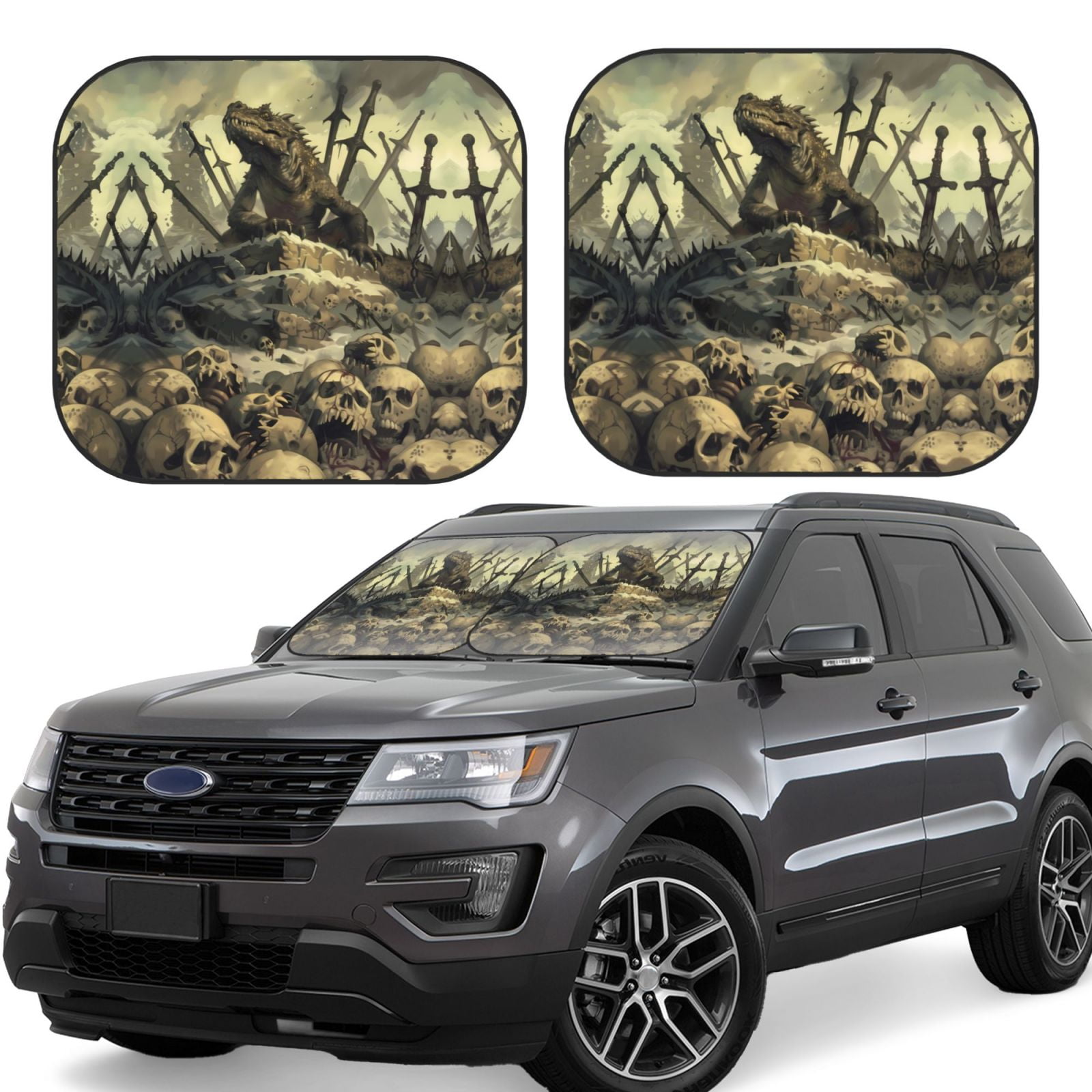 Windshield Sun Shade Epic Dragon Skull Scene 2 Pieces Car Front Sun ...