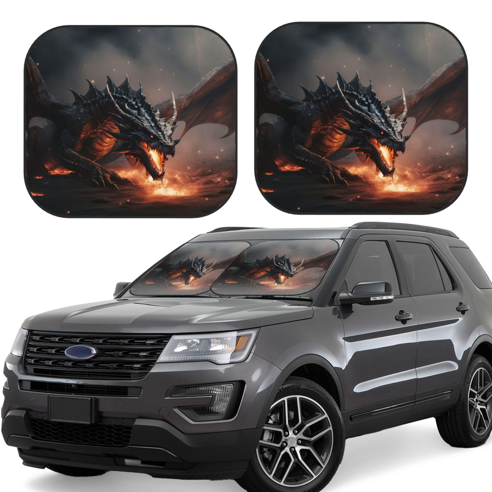 Windshield Sun Shade, Fiery Black Dragon Attack 2-Piece Foldablecar ...