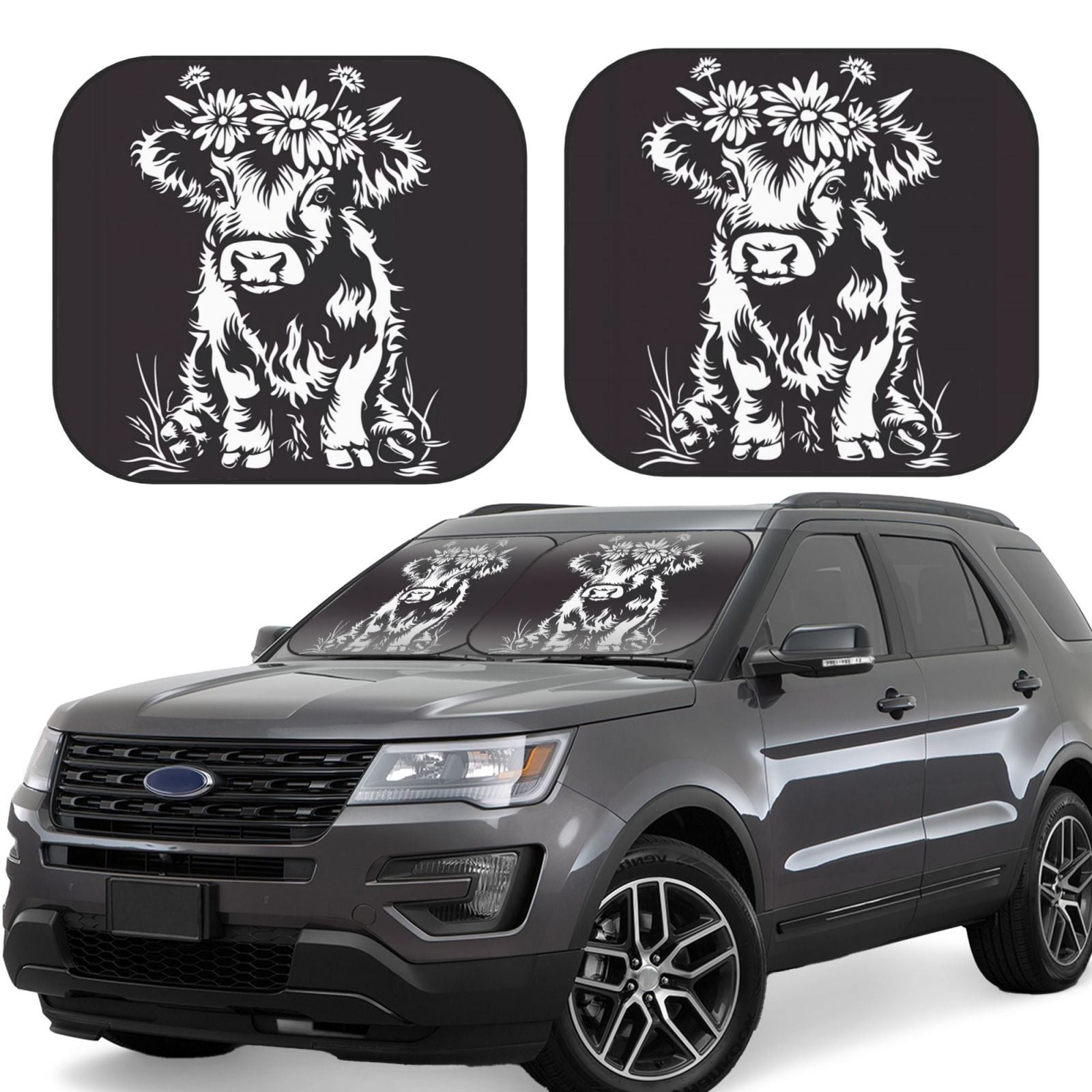 Windshield Sun Shade Floral Cow Silhouette 2 Pieces Car Front Sun Shade ...