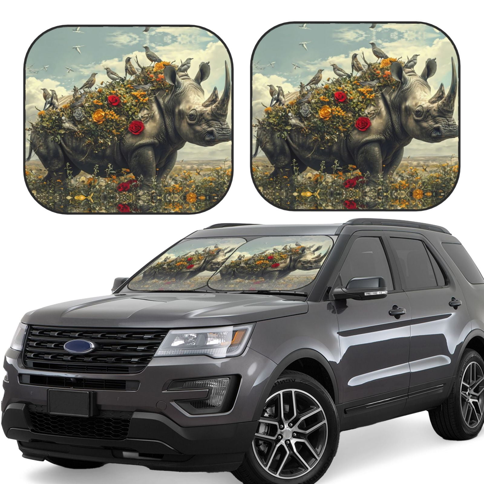 Windshield Sun Shade Floral Rhino With Birds 2 Pieces Car Front Sun ...