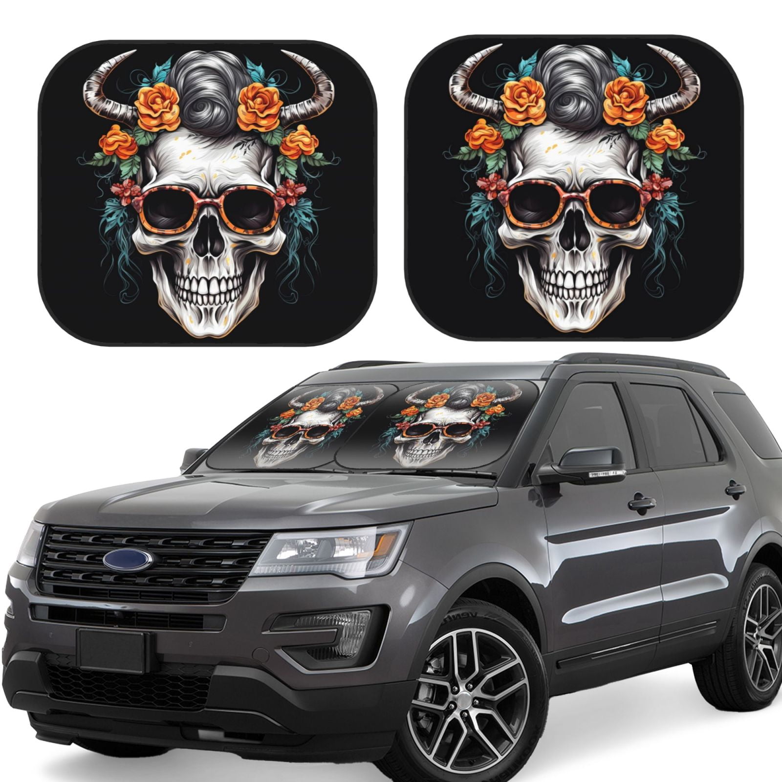 Windshield Sun Shade, Flower Horn Skull A Foldable Car Sun Shade ...