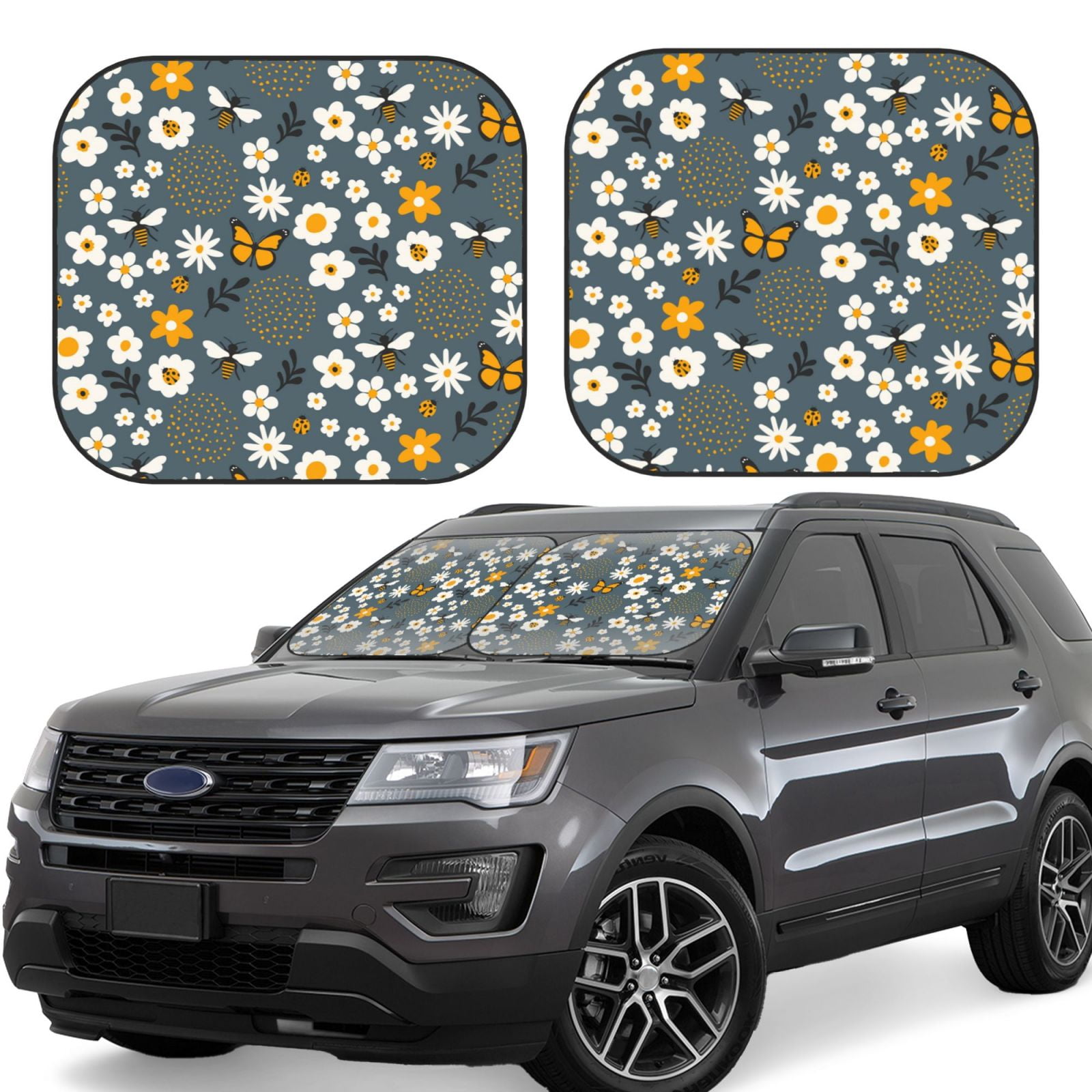 Windshield Sun Shade, Flowers And Bee 2-Piece Foldablecar Sunshade ...
