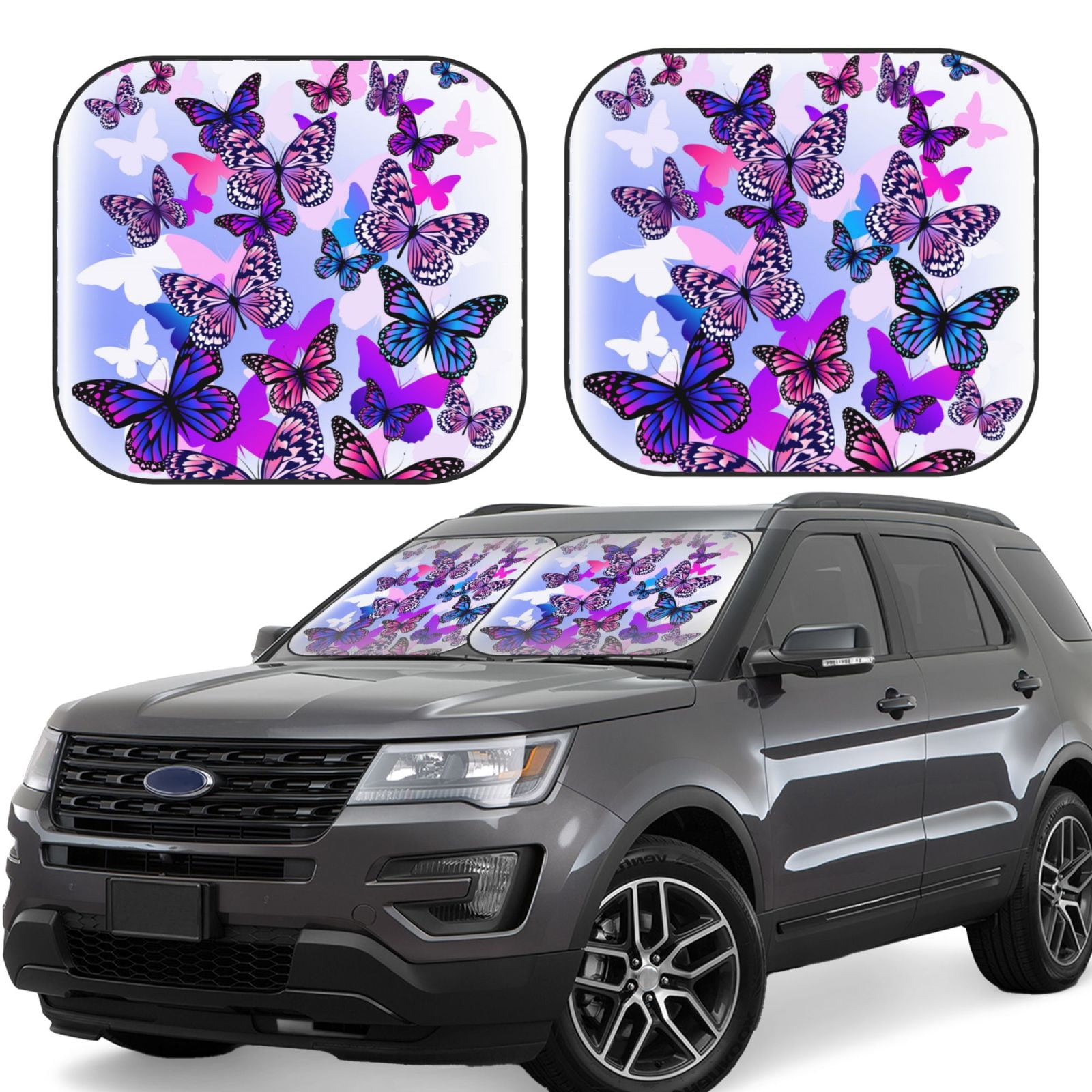 Windshield Sun Shade Flying Butterflies 2 Pieces Car Front Sun Shade ...