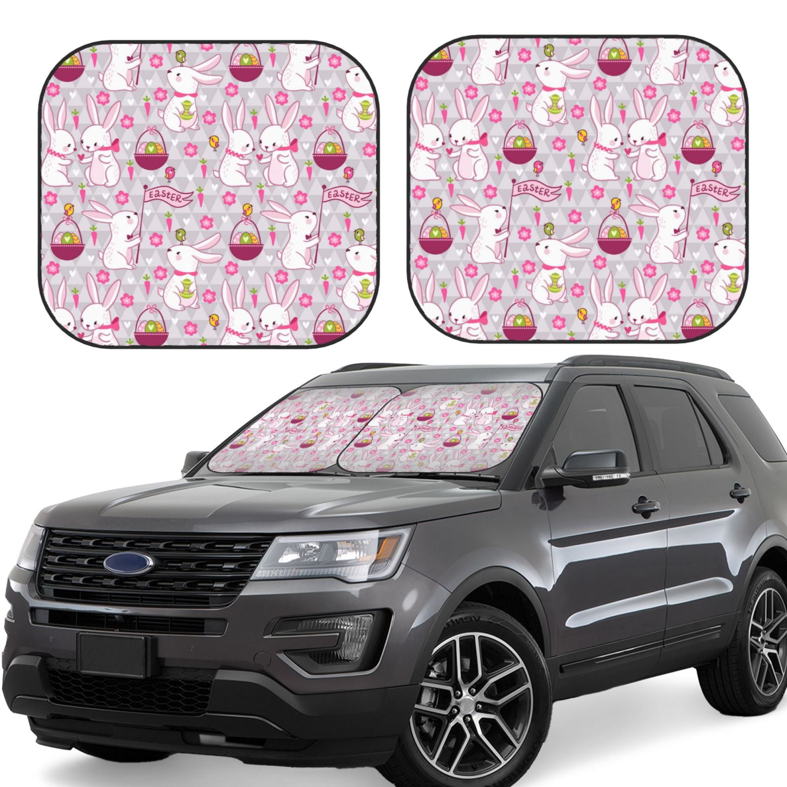 Windshield Sun Shade, Funny Cute Rabbit Radish Flower 2-Piece ...