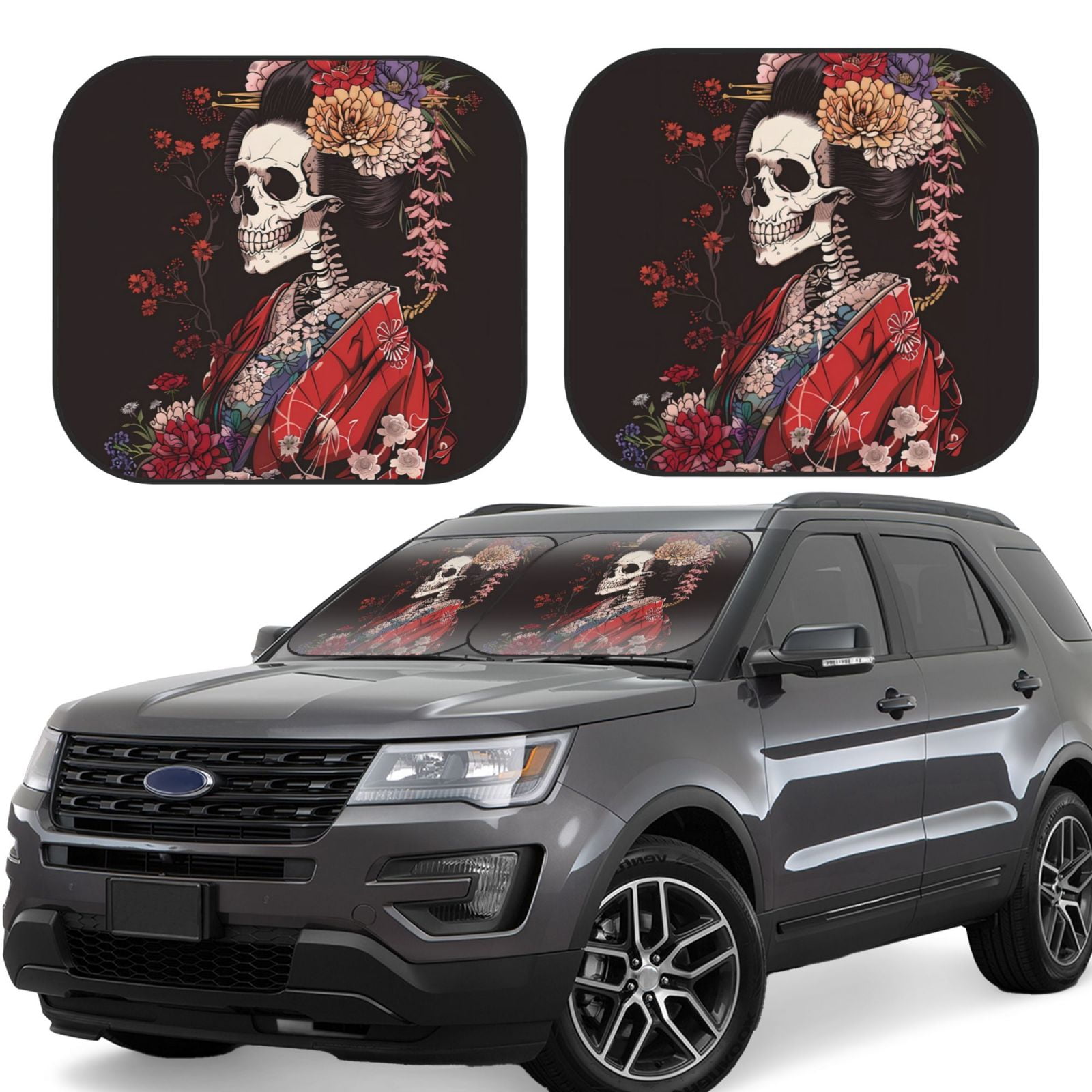 Windshield Sun Shade Geisha Skeleton With Flowers 2 Pieces Car Front ...