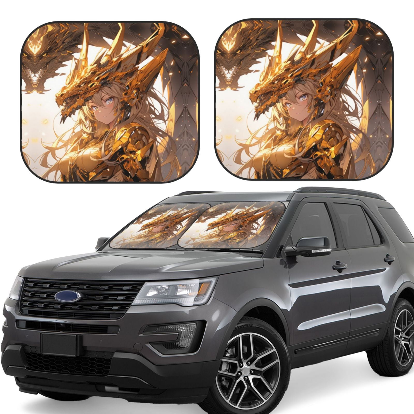 Windshield Sun Shade Golden Armor Dragon Princess 2 Pieces Car Front ...