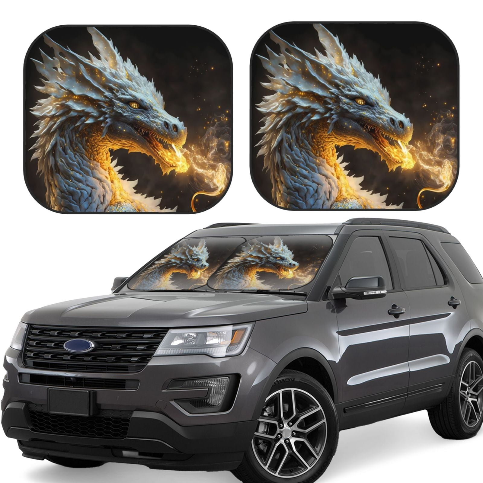 Windshield Sun Shade, Golden White Fire Dragon 2-Piece Foldablecar ...