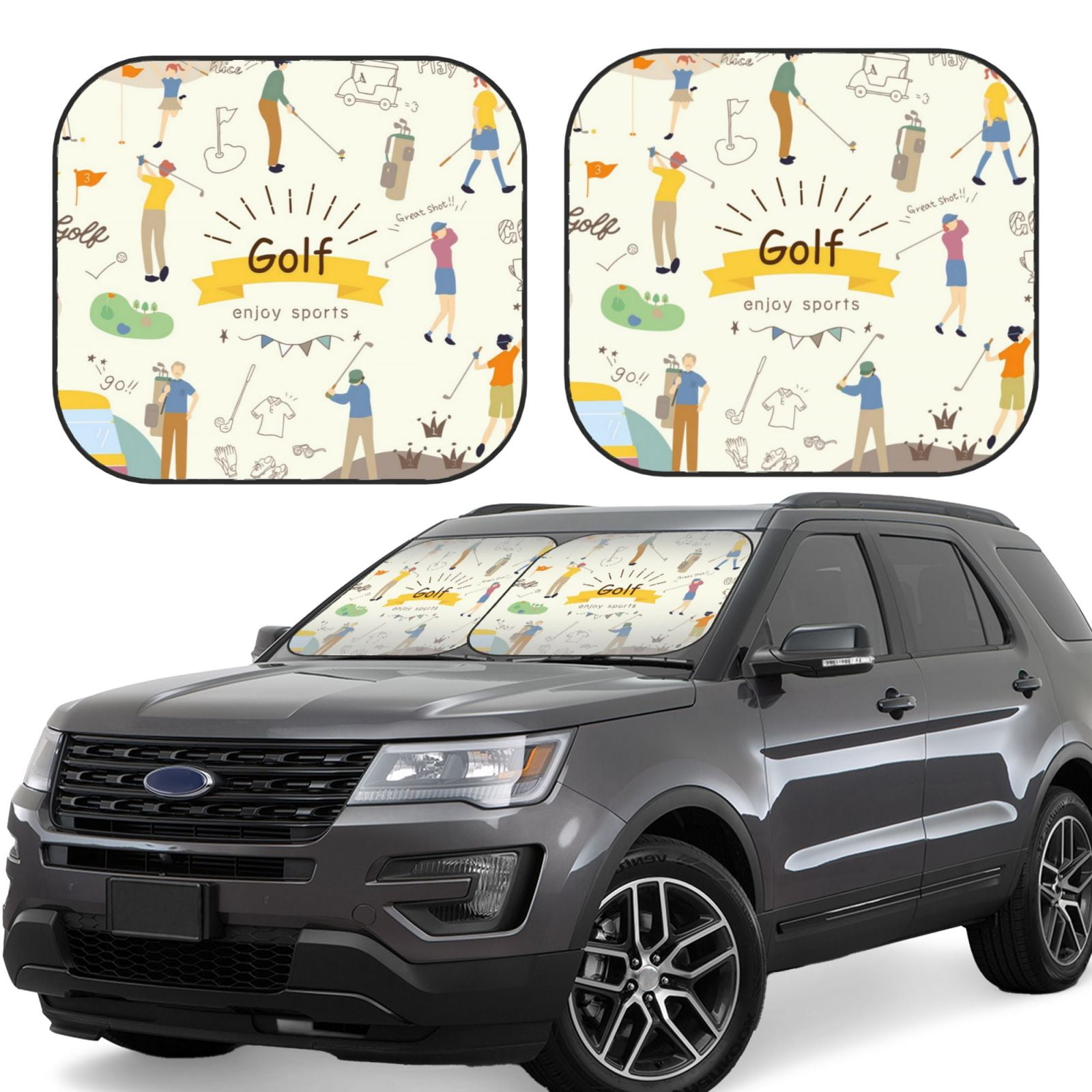 Windshield Sun Shade Golf Icons And Golfer 2 Pieces Car Front Sun Shade ...