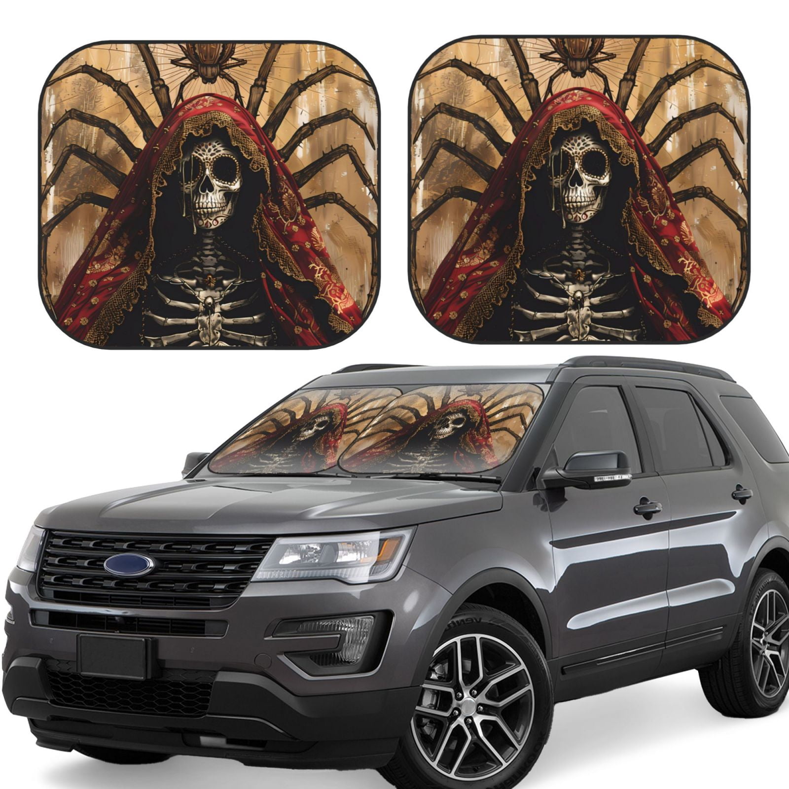 Windshield Sun Shade Gothic Skeleton Spider 2 Pieces Car Front Sun ...