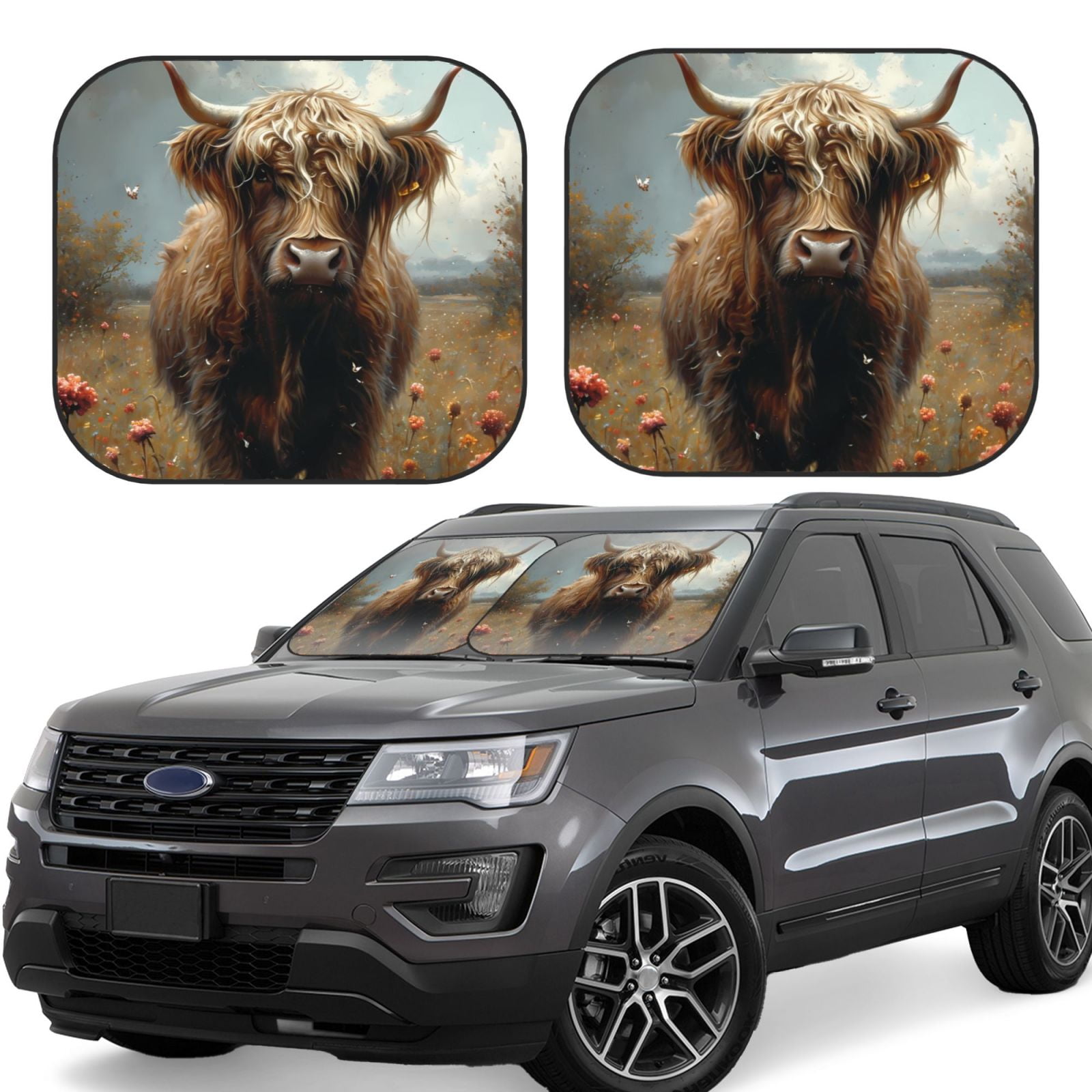 Windshield Sun Shade Grassland Sunflower Cow 2 Pieces Car Front Sun ...