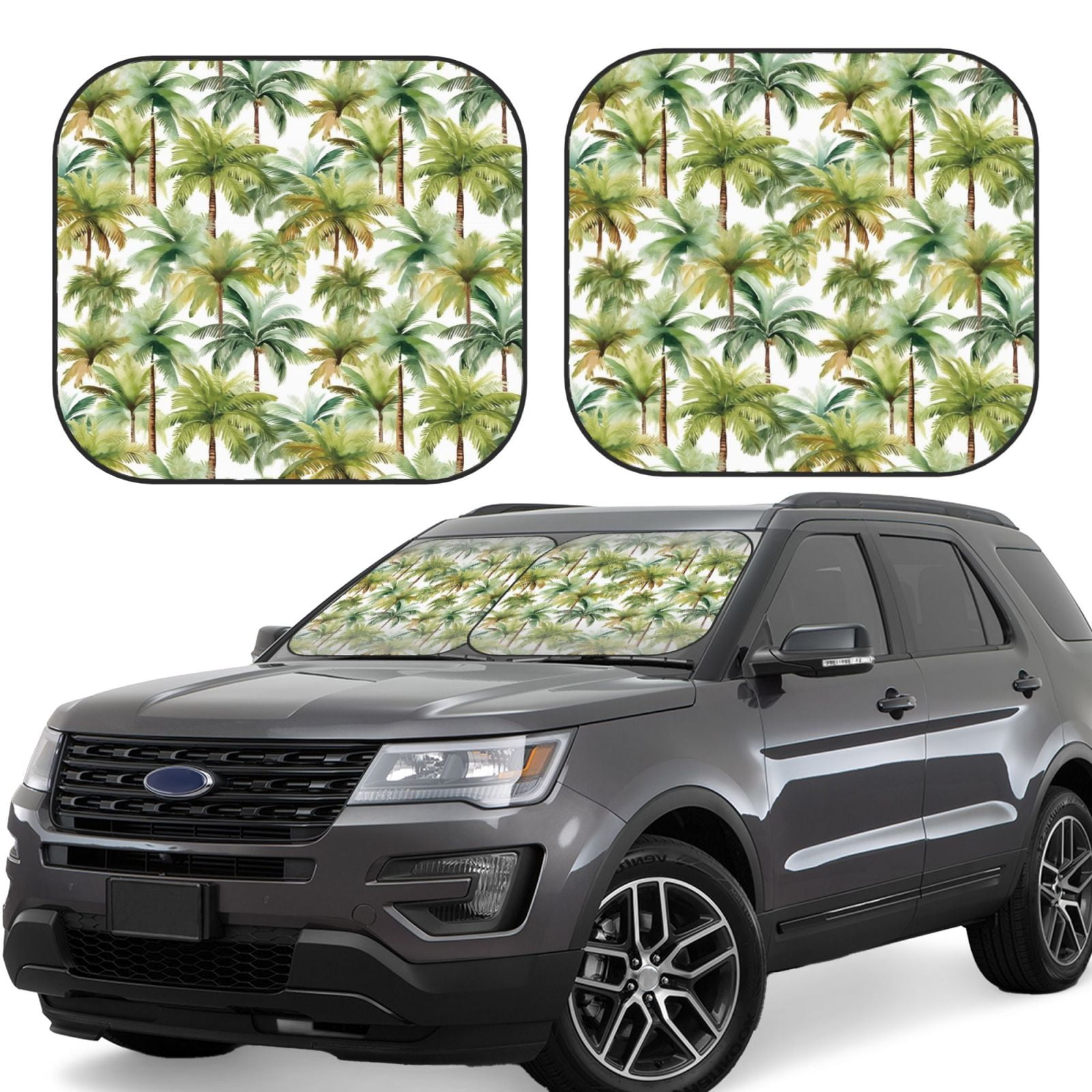 Windshield Sun Shade, Green Coconut Tree 2-Piece Foldablecar Sunshade ...