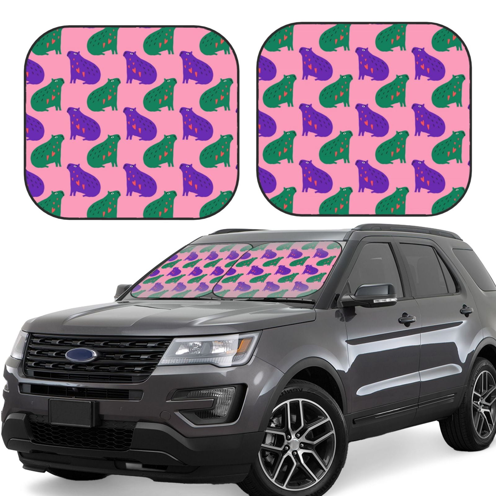 Windshield Sun Shade, Green Purple Capybaras 2-Piece Foldablecar ...