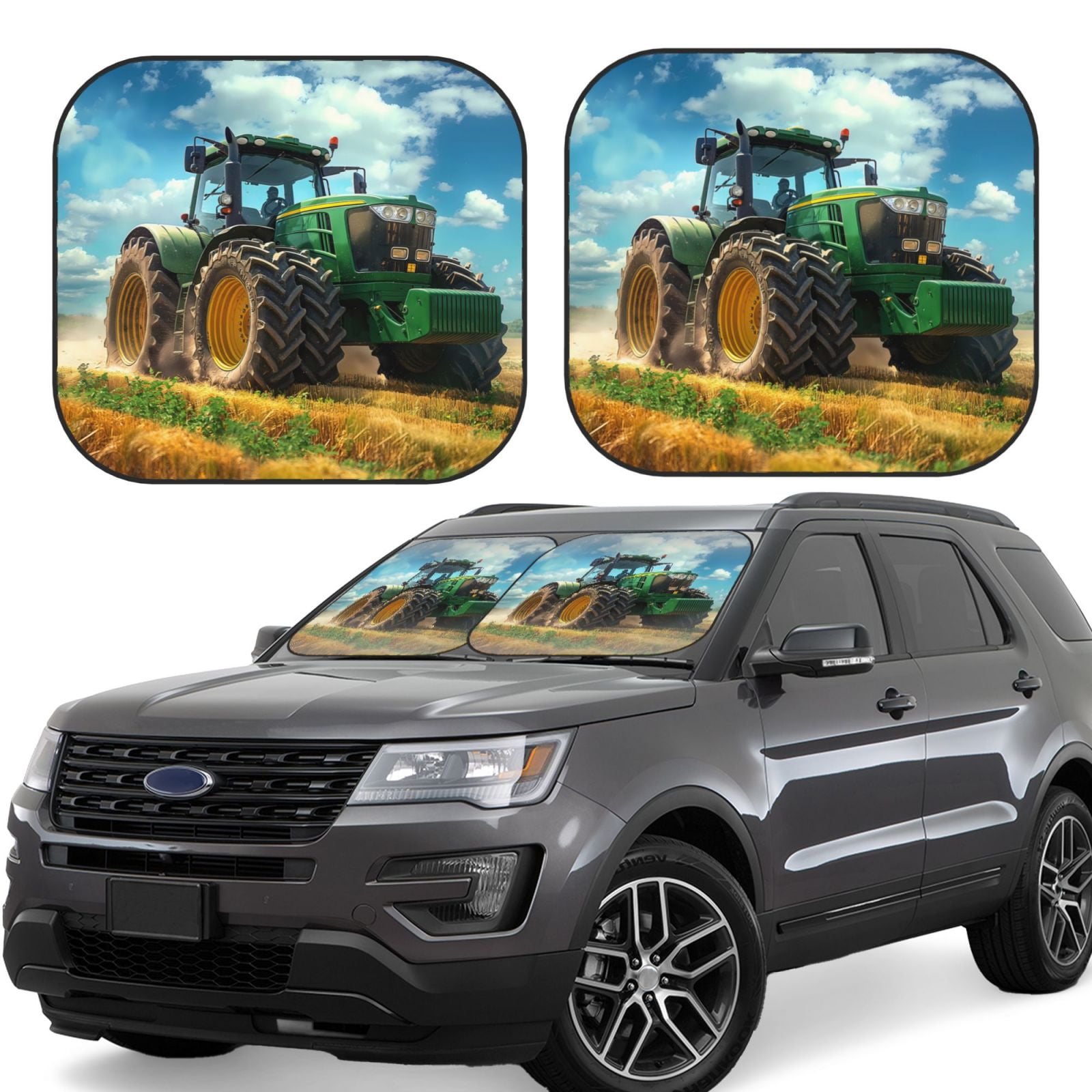 Windshield Sun Shade Green Tractor Field 2 Pieces Car Front Sun Shade ...