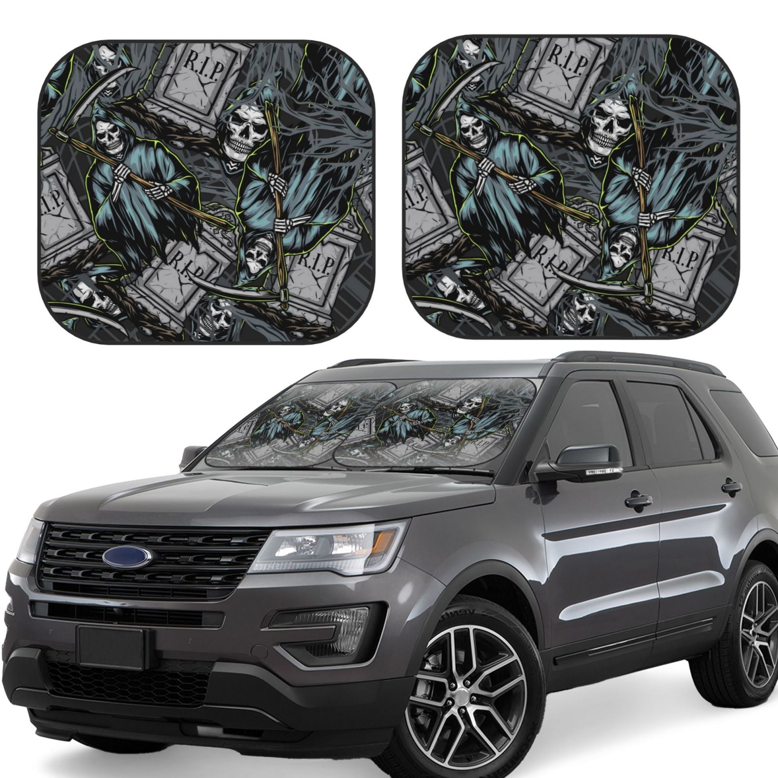 Windshield Sun Shade, Grim Reaper Tombstones Pattern Foldable Car Sun ...