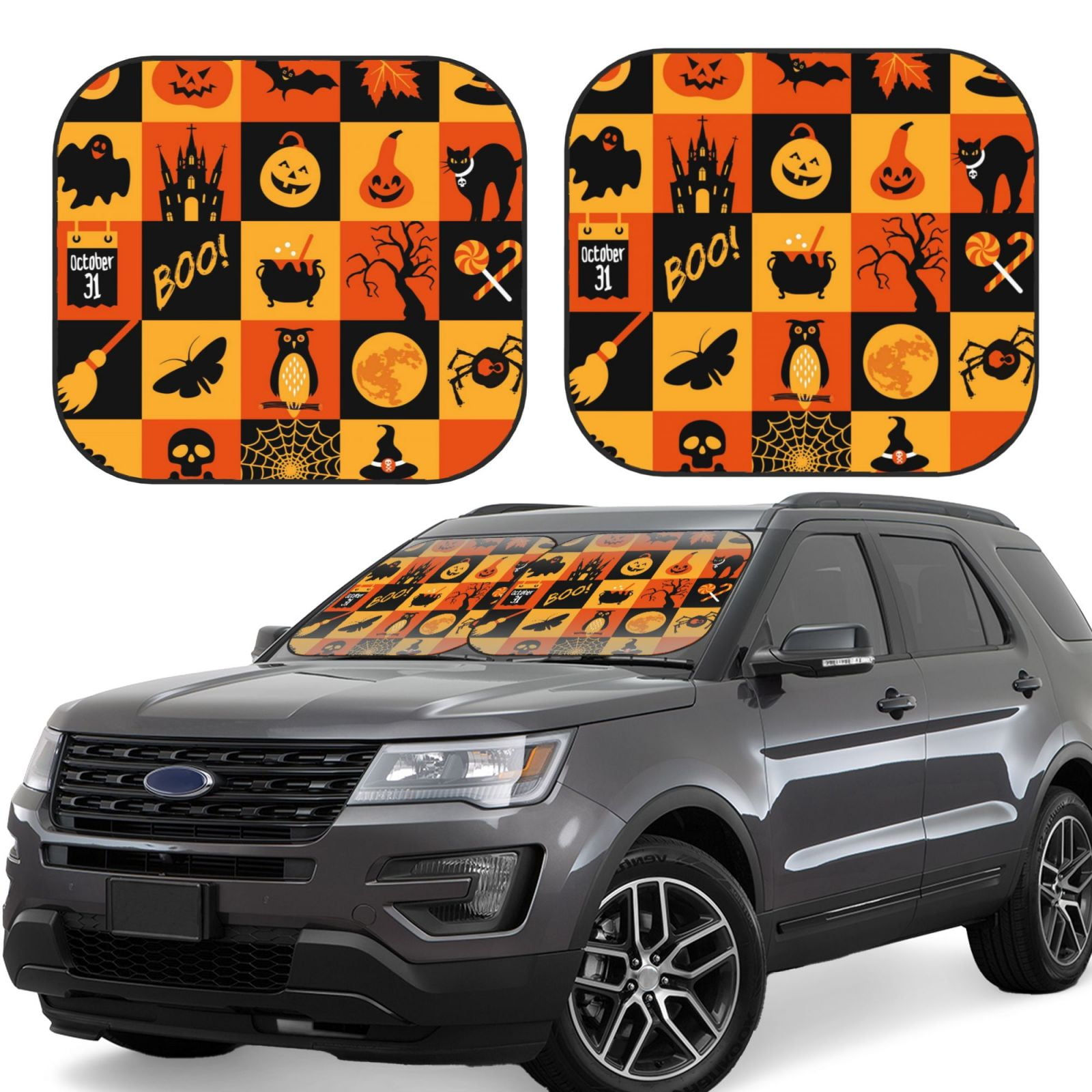 Windshield Sun Shade, Halloween Banner Symbols 2-Piece Foldablecar ...