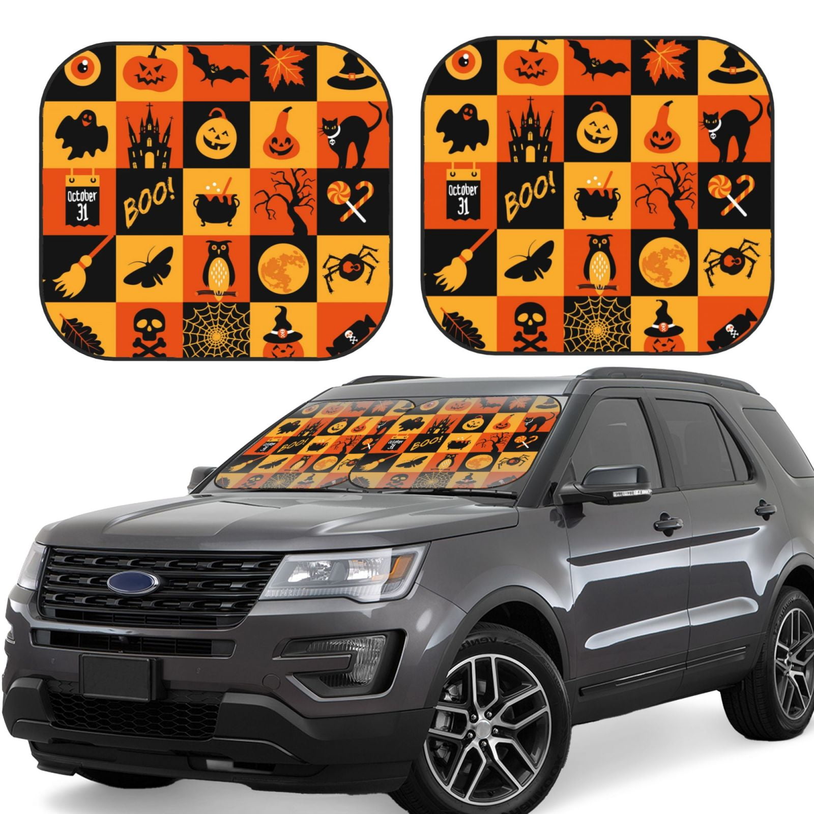 Windshield Sun Shade Halloween Banner Symbols 2 Pieces Car Front Sun ...
