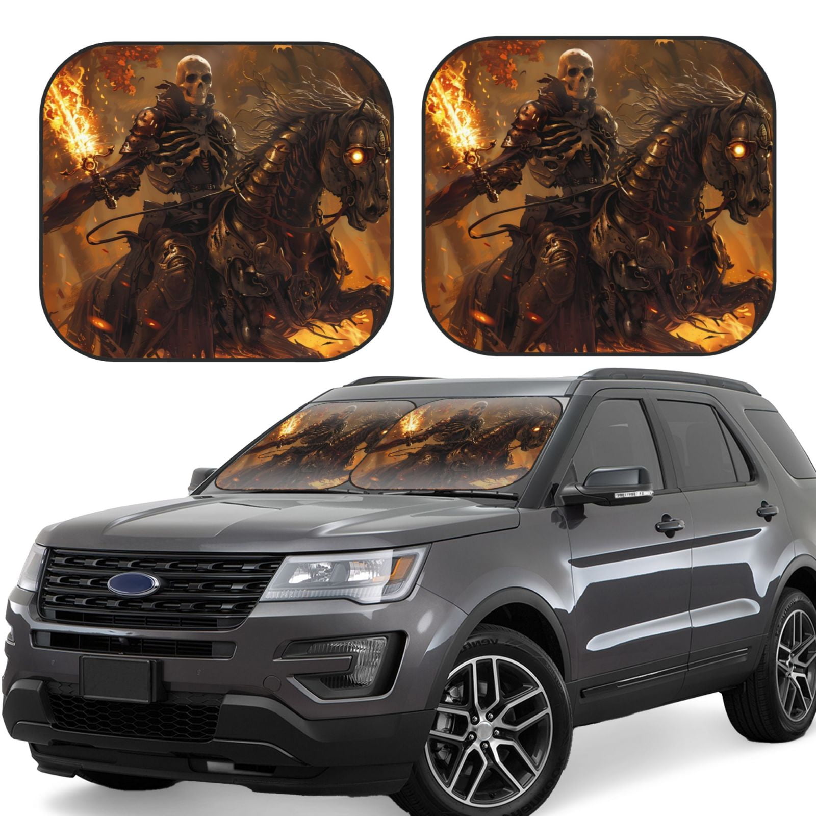 Windshield Sun Shade Halloween Cool Skeleton Knight 2 Pieces Car Front ...