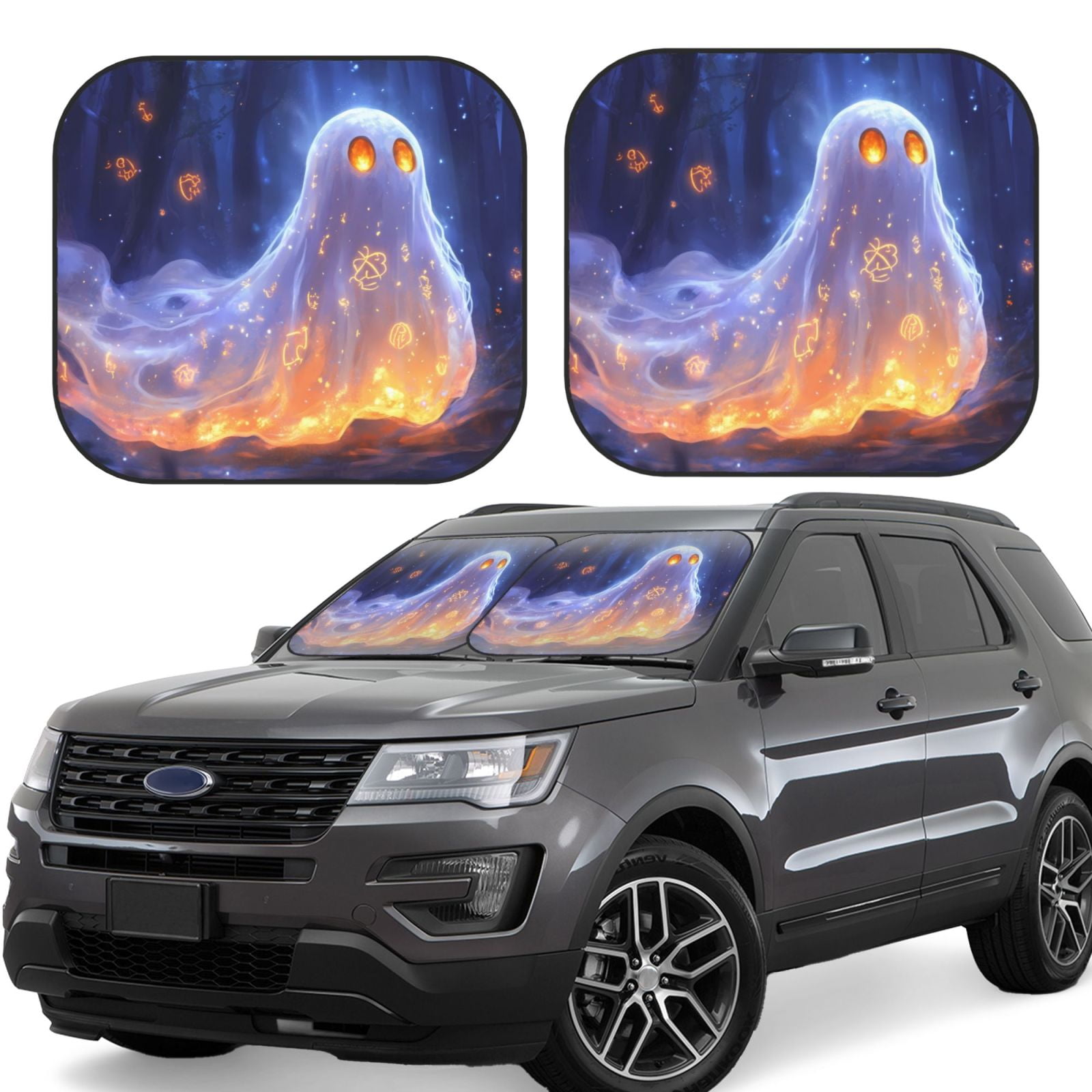 Windshield Sun Shade Halloween Glowing Ghost 2 Pieces Car Front Sun ...