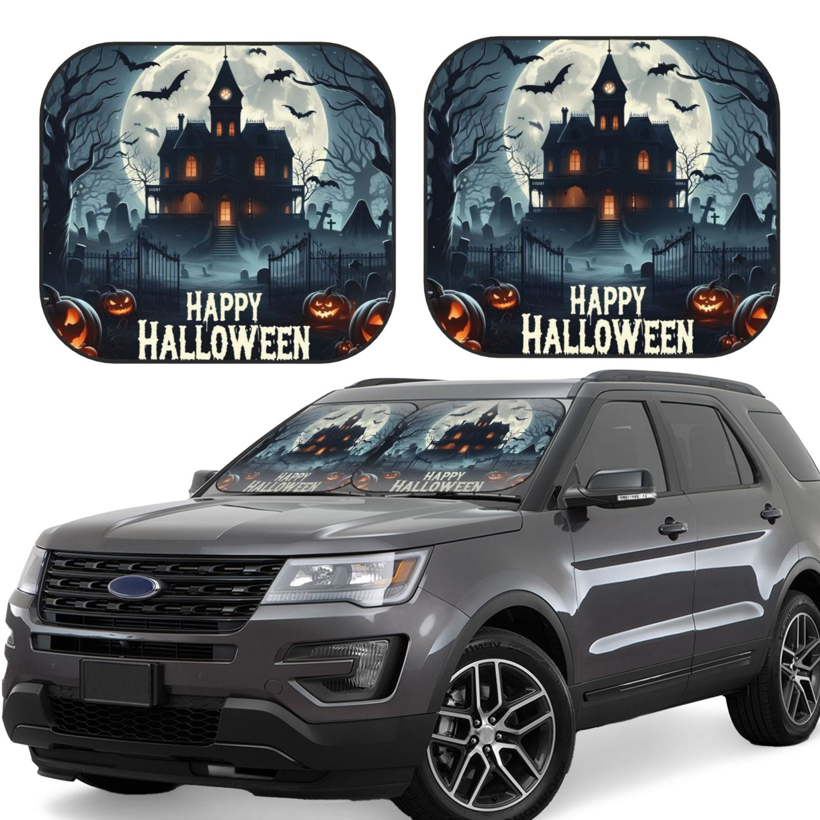 Windshield Sun Shade Halloween Happy Castle 2 Pieces Car Front Sun ...